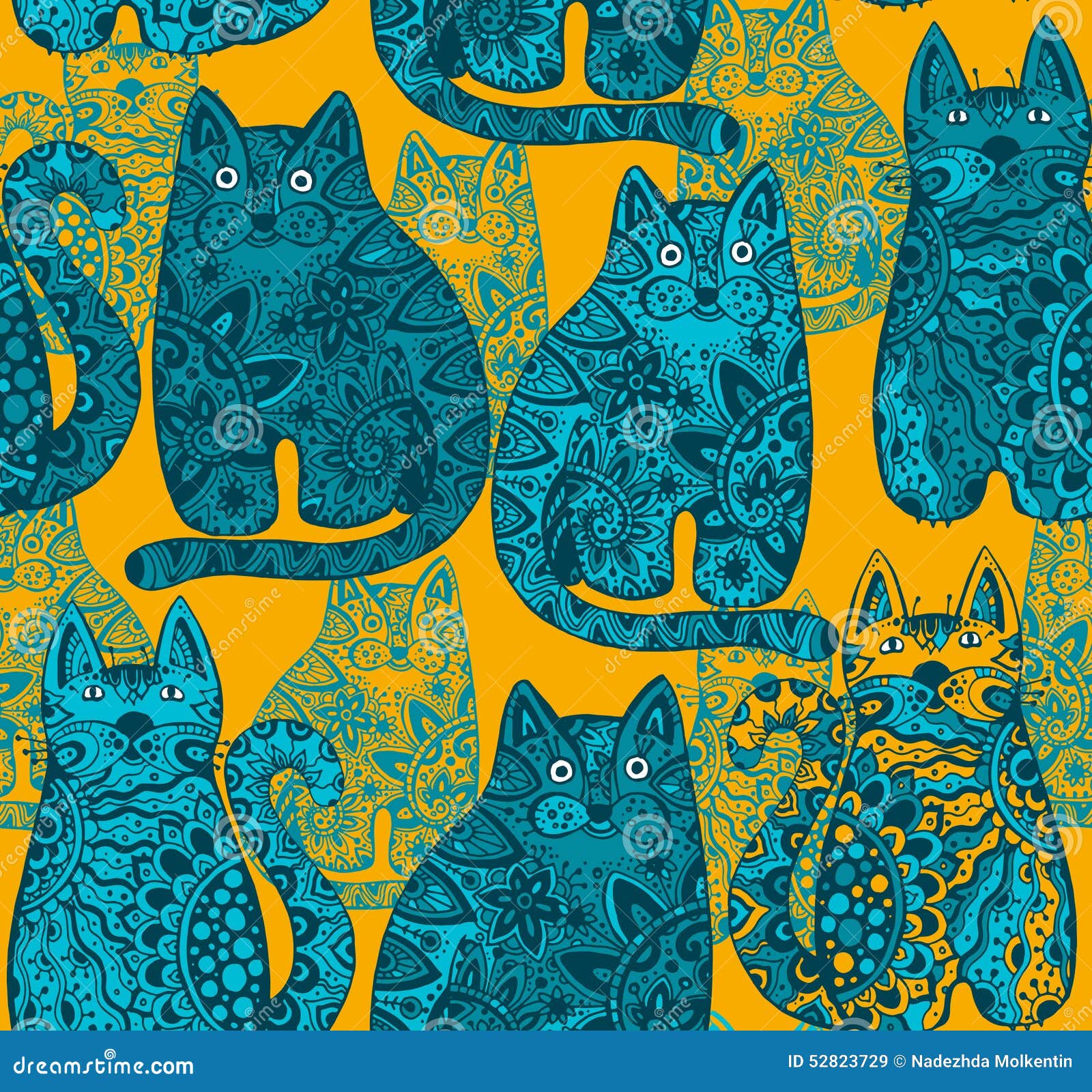 Seamless Pattern with Funny Ornamental Cats. Stock Illustration ...