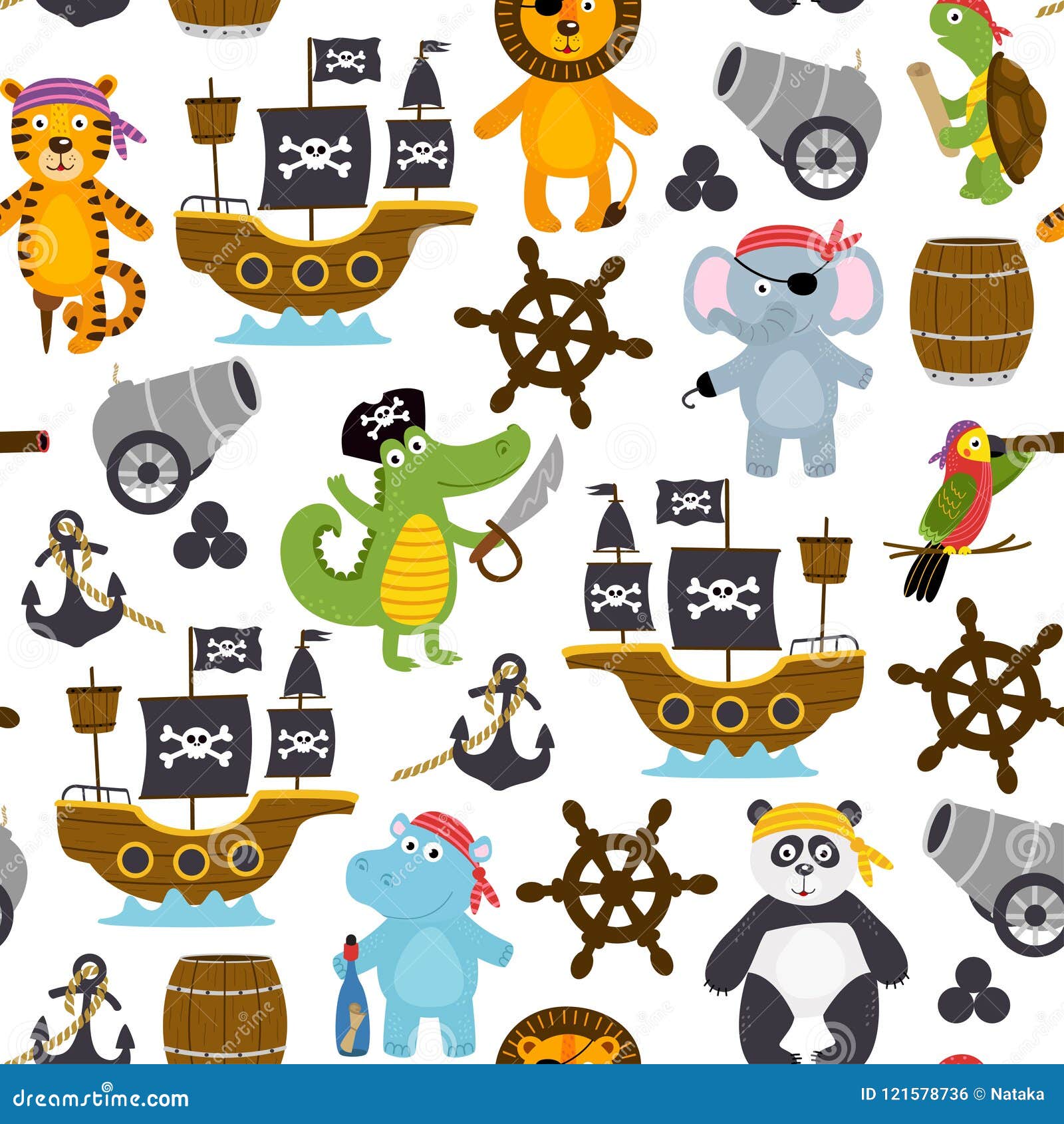 Funny Pirates Sea Creatures Characters Set, Cute Joyful Whale, Octopus ...