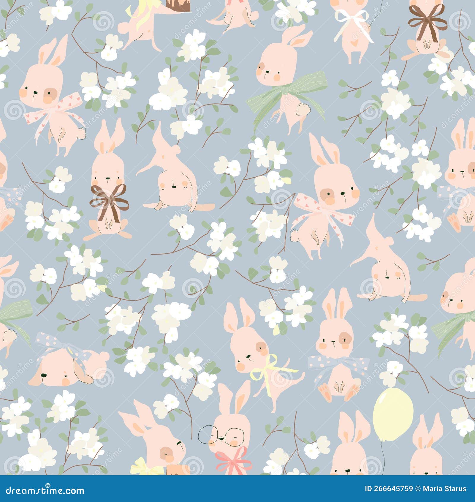 Seamless Pattern with Funny Rabbits and Cherry Blossom Stock Vector ...