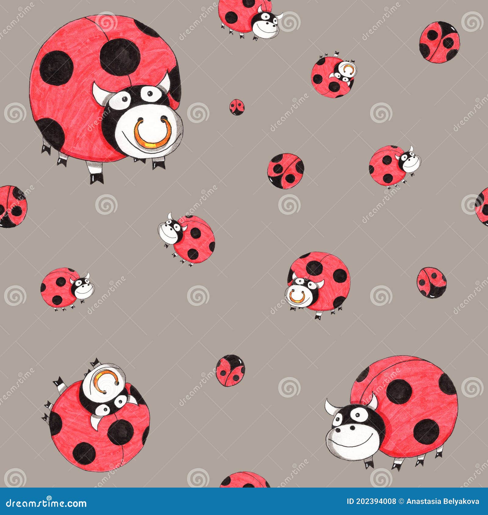 Seamless Pattern with Funny Red and Black Dots Cows Look Like Ladybugs ...