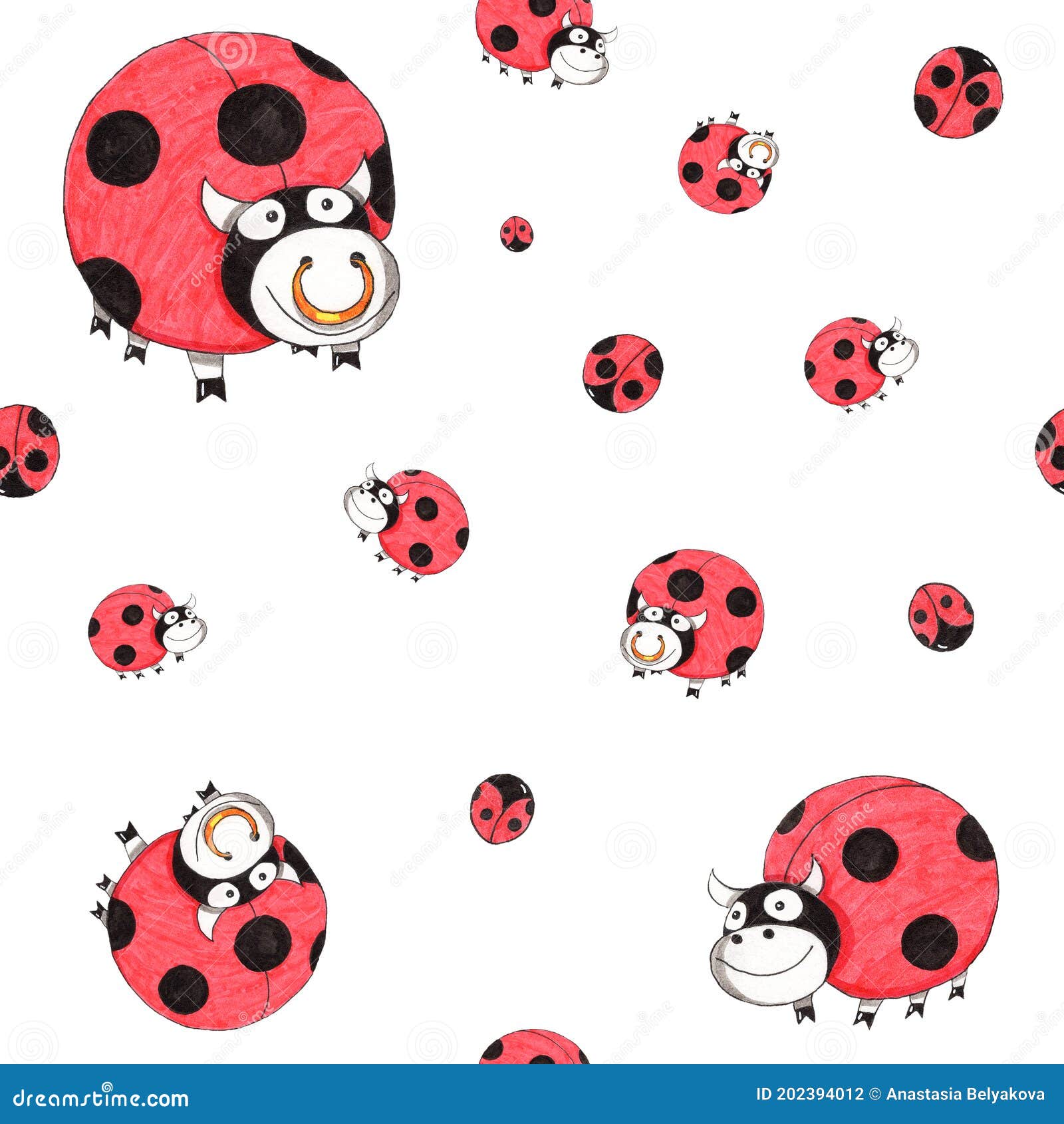 Seamless Pattern with Funny Red and Black Dots Cows Look Like Ladybugs ...