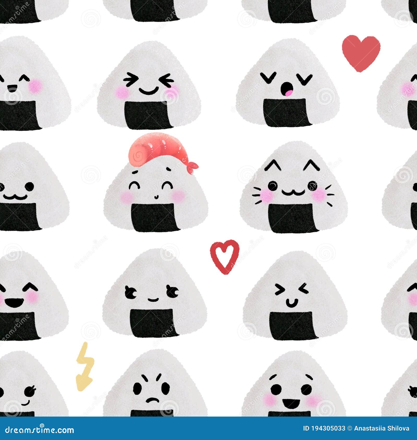 Seamless Pattern with Funny Rice Balls. Isolated on a White Background ...