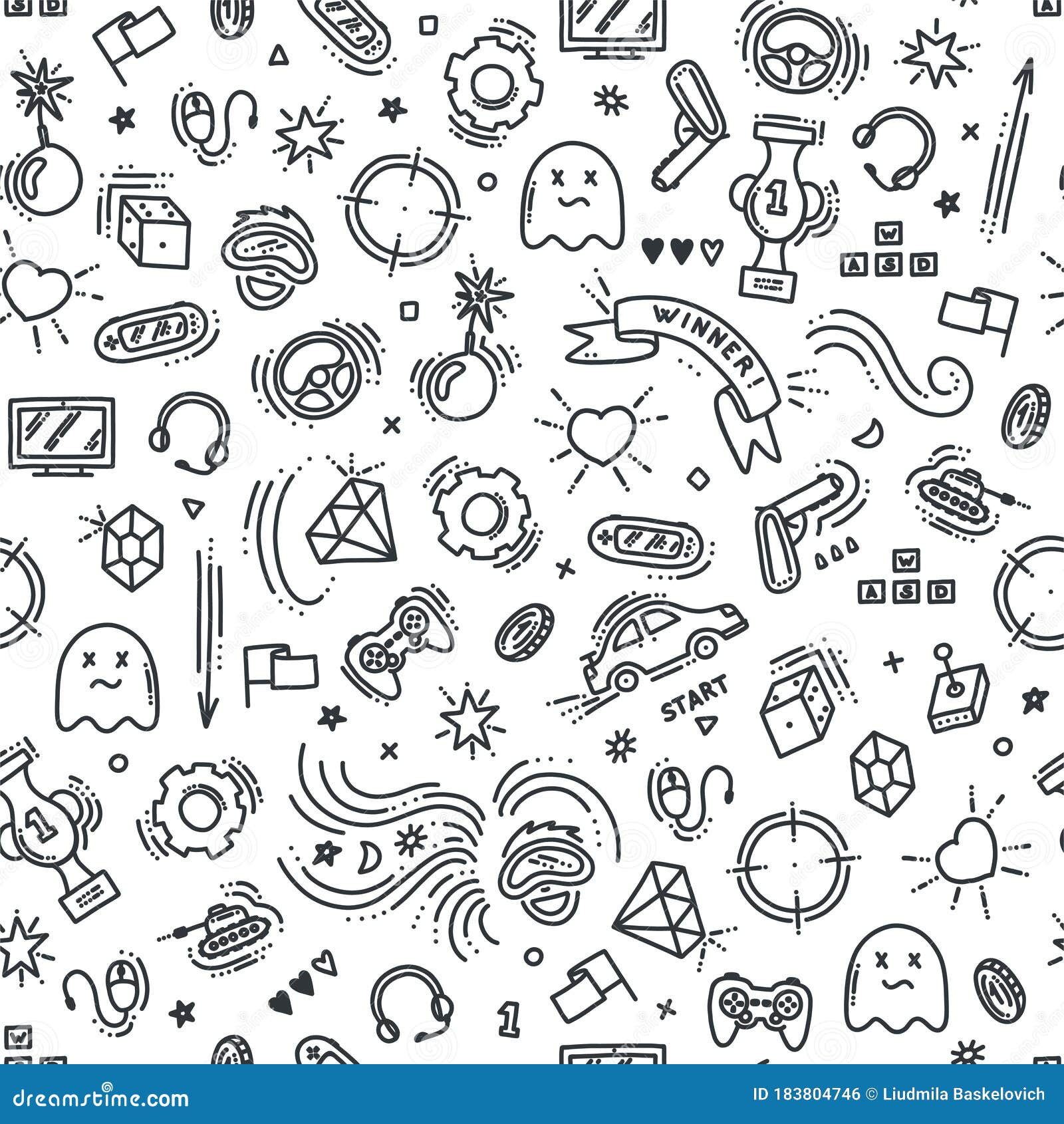 Seamless Pattern of Gaming Objects. Vector Illustration in Doodle Style ...