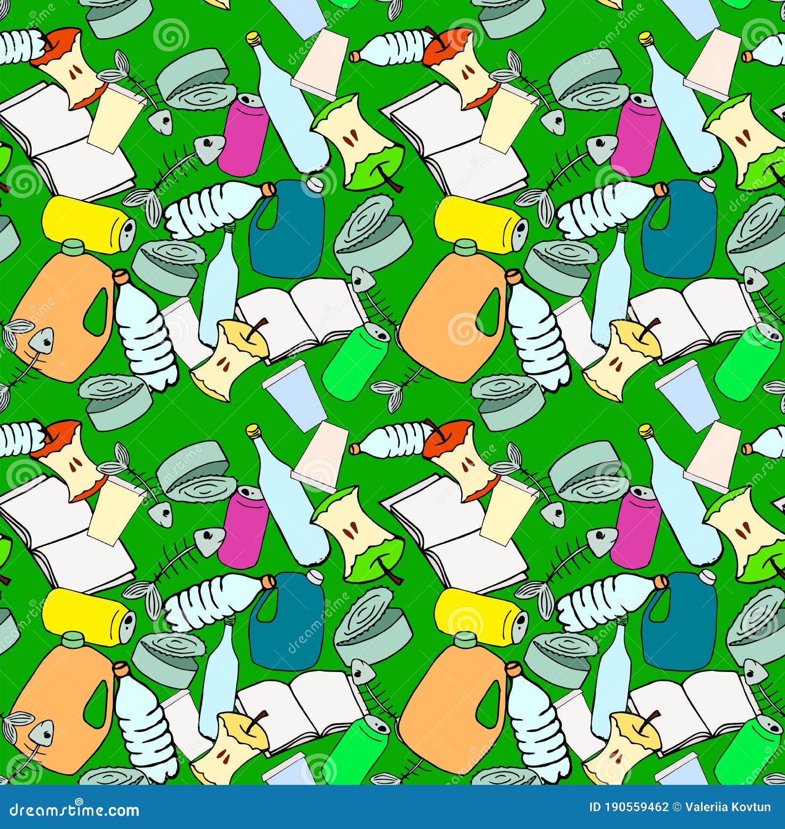 Seamless Pattern of Garbage on a Green Background. Organics, Plastic ...