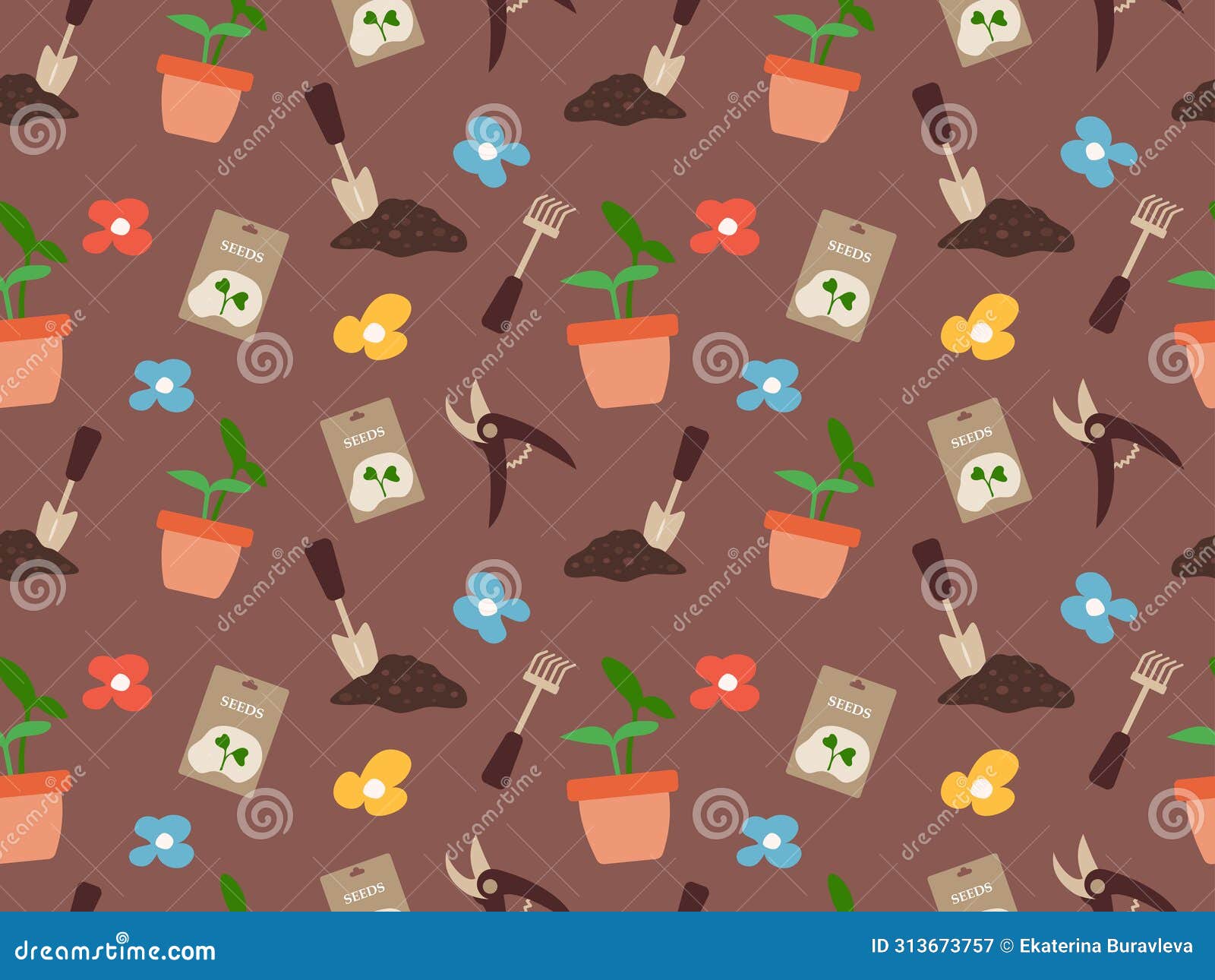 Seamless Pattern with Gardening Elements. Gardening Tools. Vector Illustration on a Brown ...