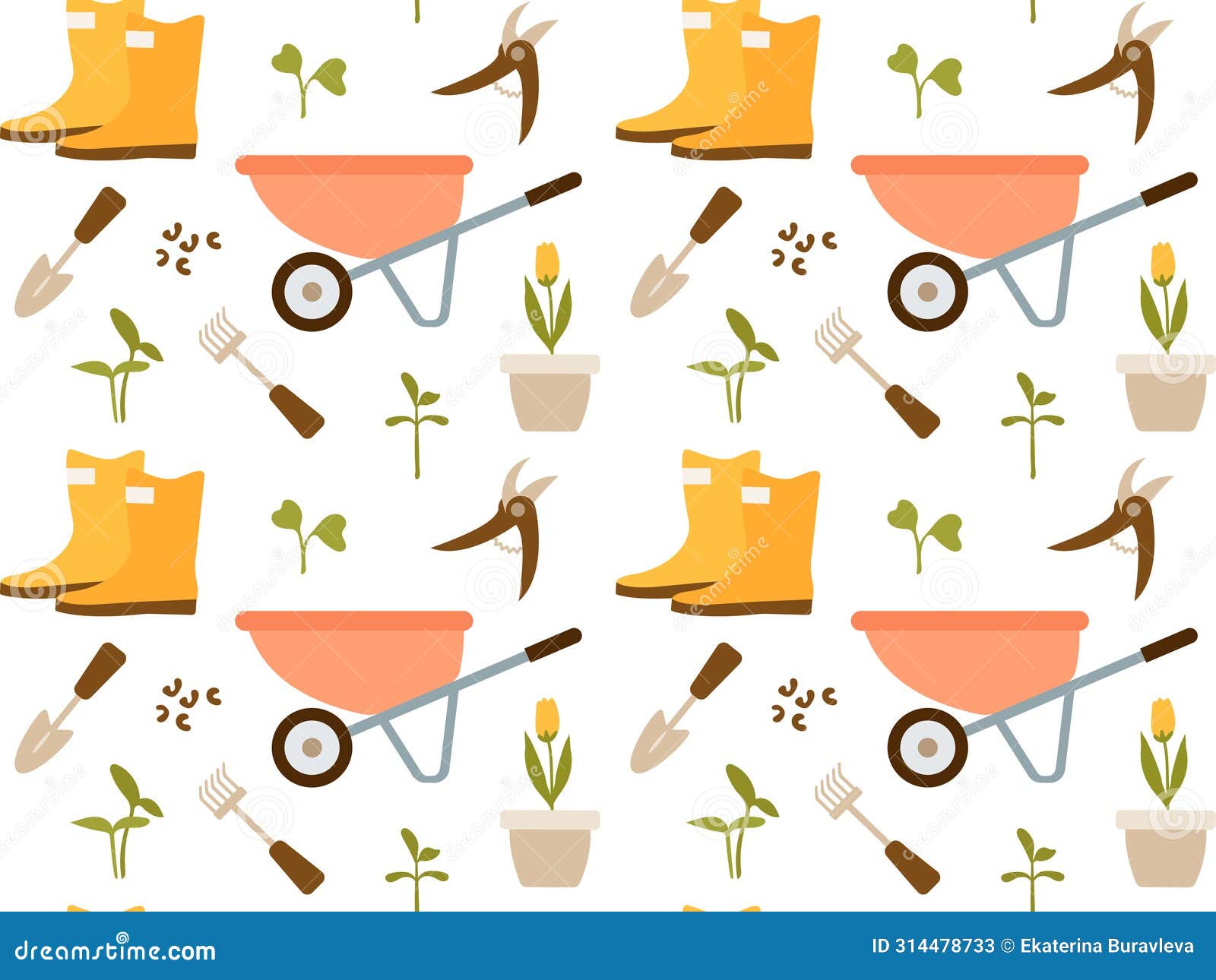 Seamless Pattern with Gardening Tools and a Flower in a Pot on a ...