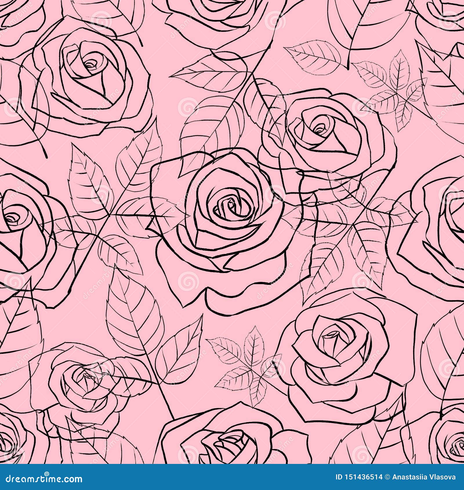 Seamless Pattern with Gentle Linear Roses and Leaves on a Pink ...