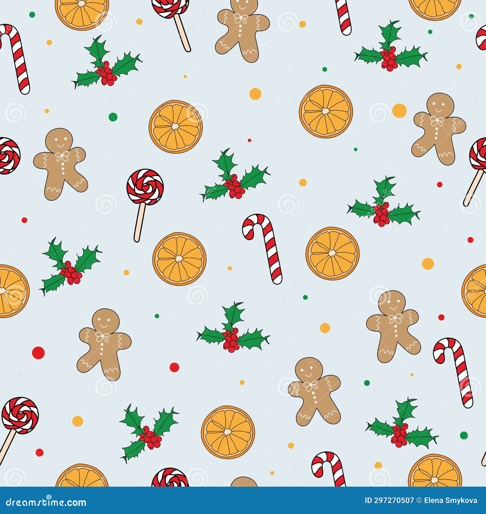 Seamless Pattern with Ginger Men, Candy Cane and Lollipop, Orange ...