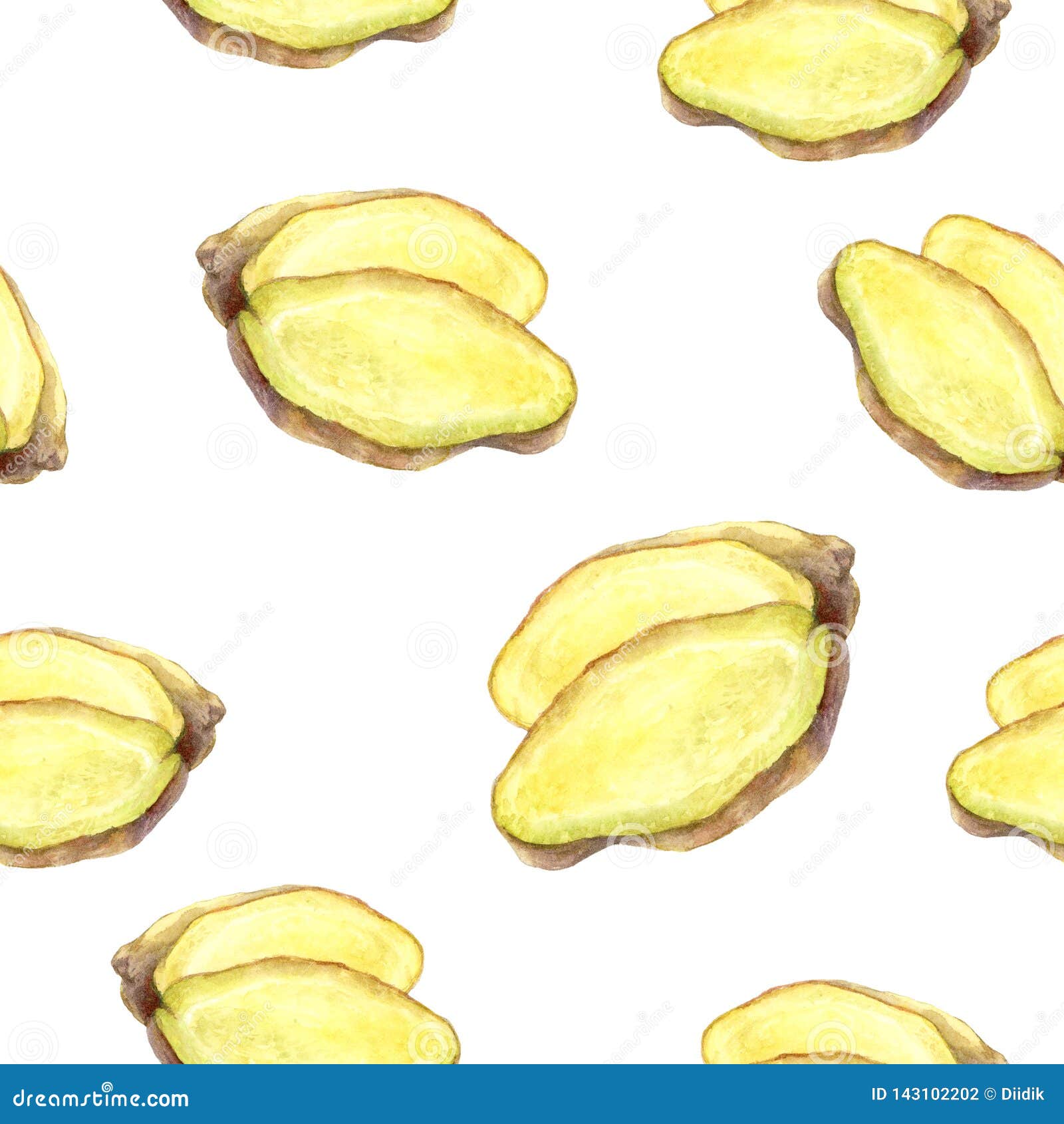 Watercolor Hand Drawn Ginger Isolated Seamless Pattern. Stock Photo ...