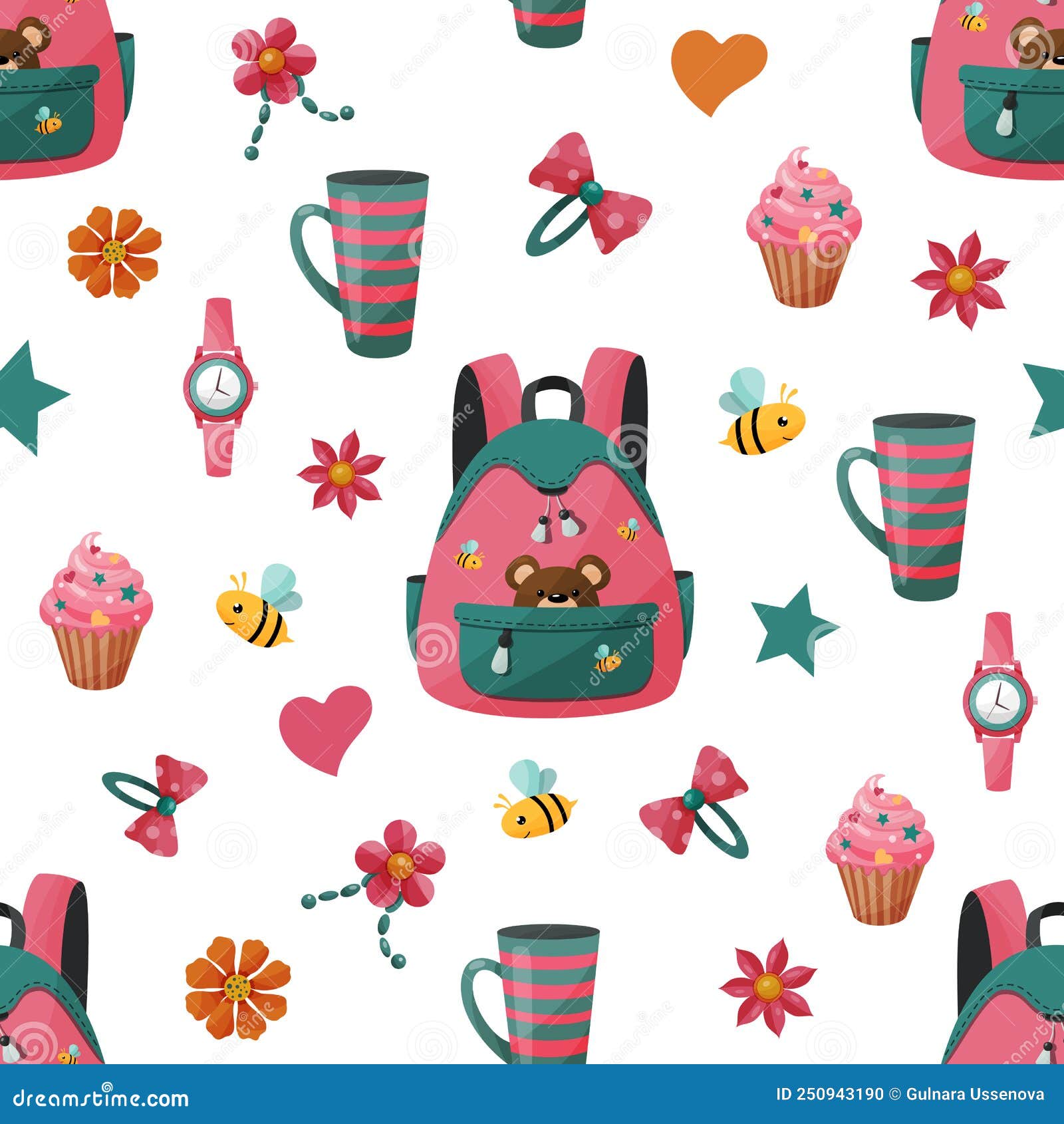 Seamless Pattern with Girls Backpack and Cupcake Stock Vector ...