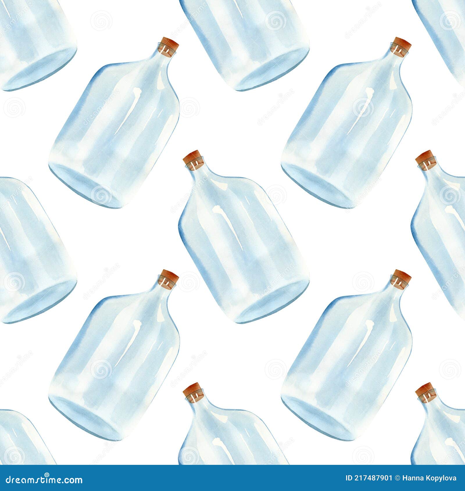 Seamless Pattern with Glass Bottle. Watercolor Painting with Empty Blue ...