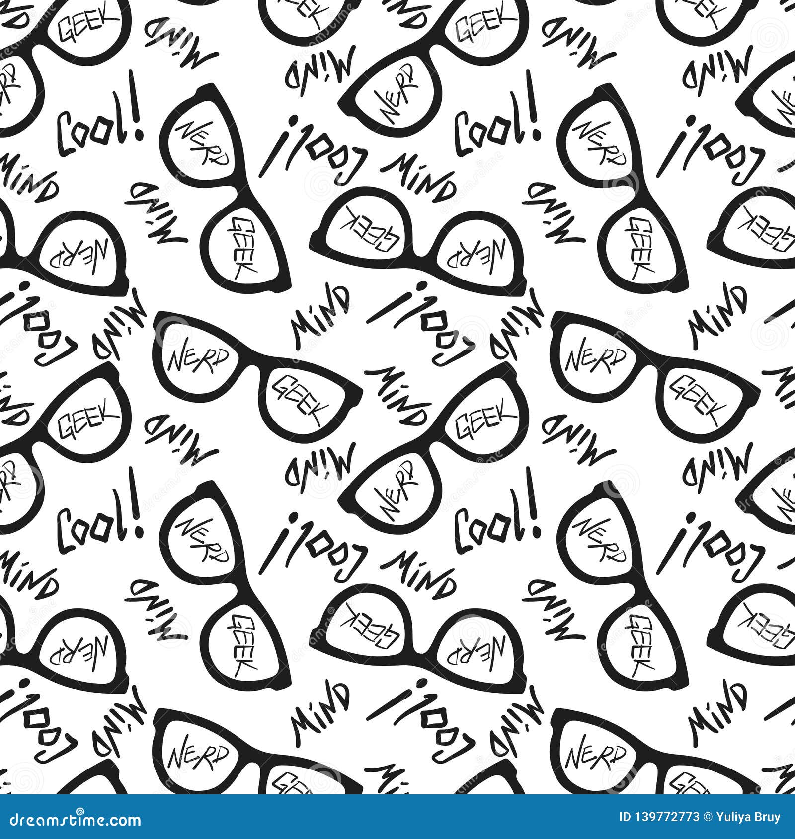 Seamless Pattern with Glasses and Inscriptions: Nerd, Cool, Mind, Geek ...