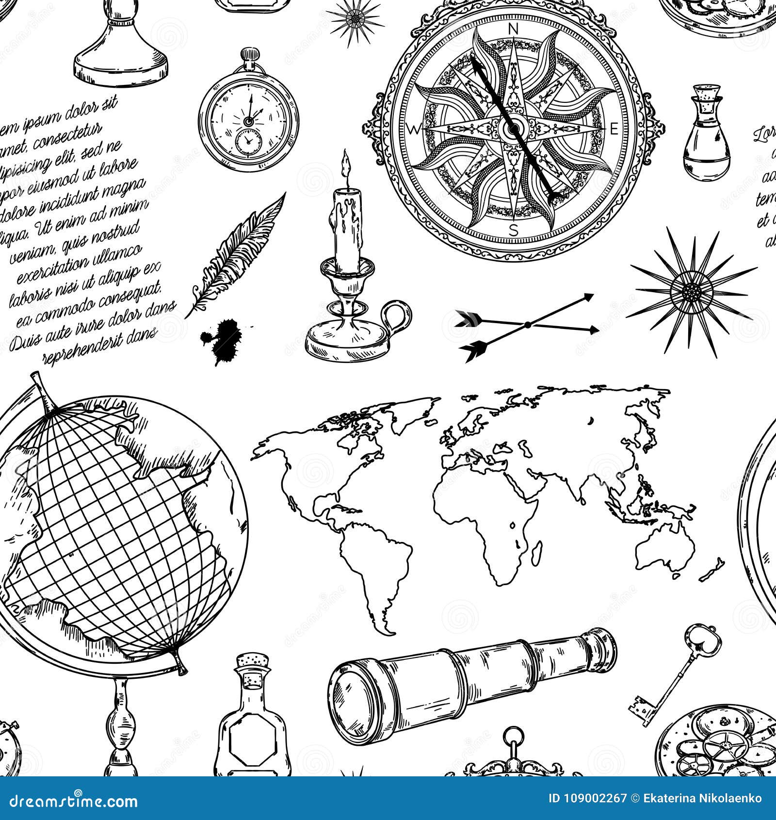 Seamless Pattern with Globe, Compass, World Map and Wind Rose. Stock ...