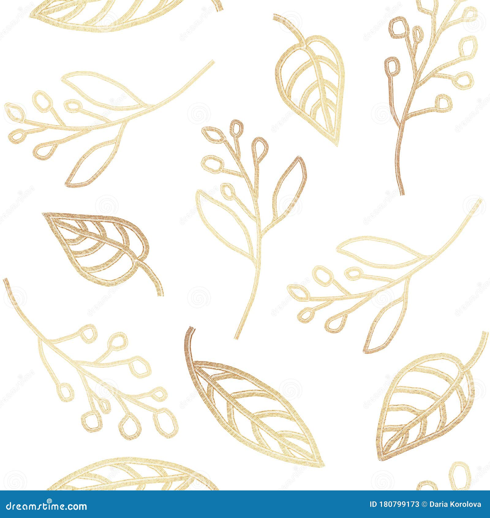 Seamless Pattern with Gold Branches and Leaves on a White Background ...