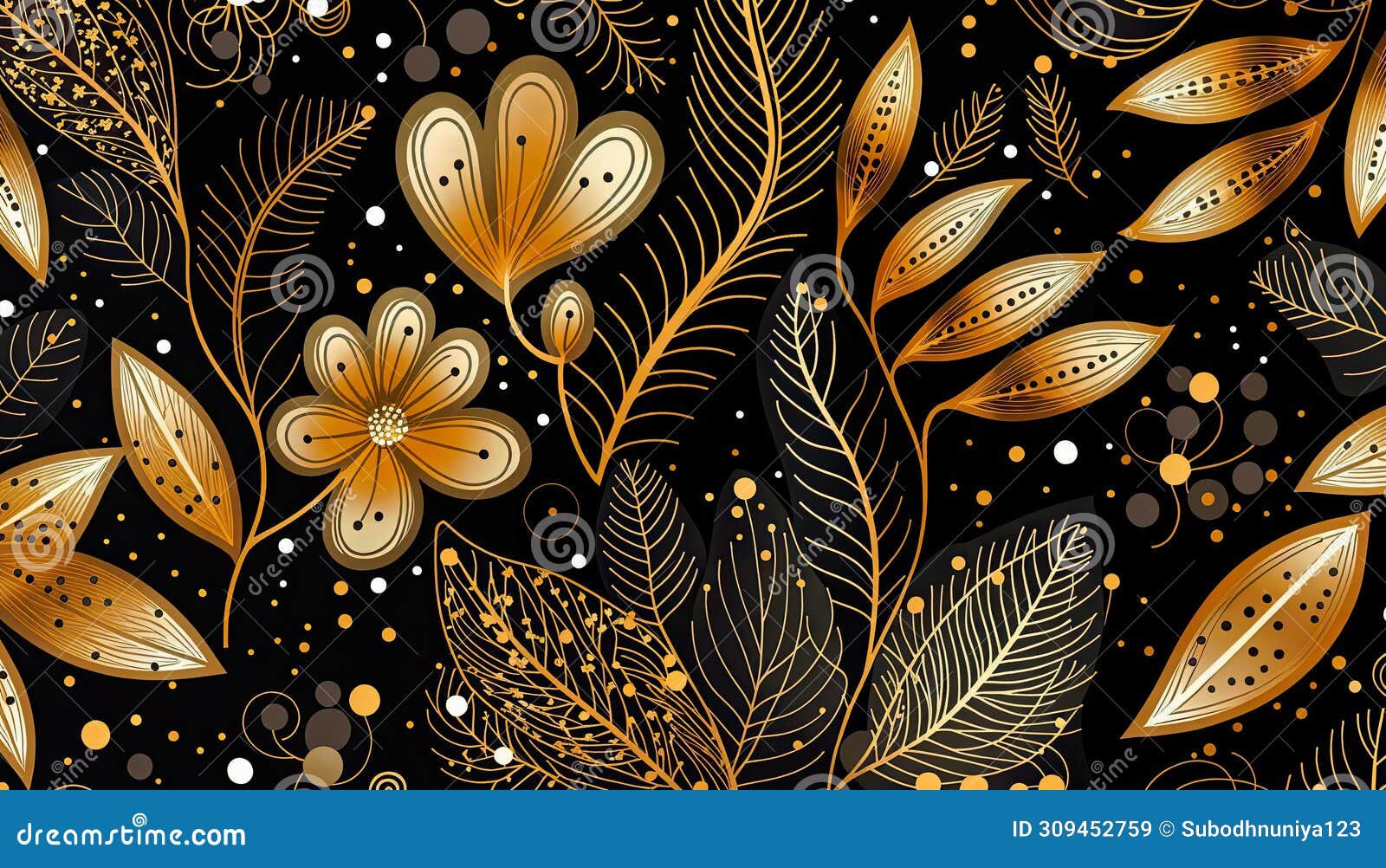 Seamless Pattern with Gold Flowers on Black Background Vector ...
