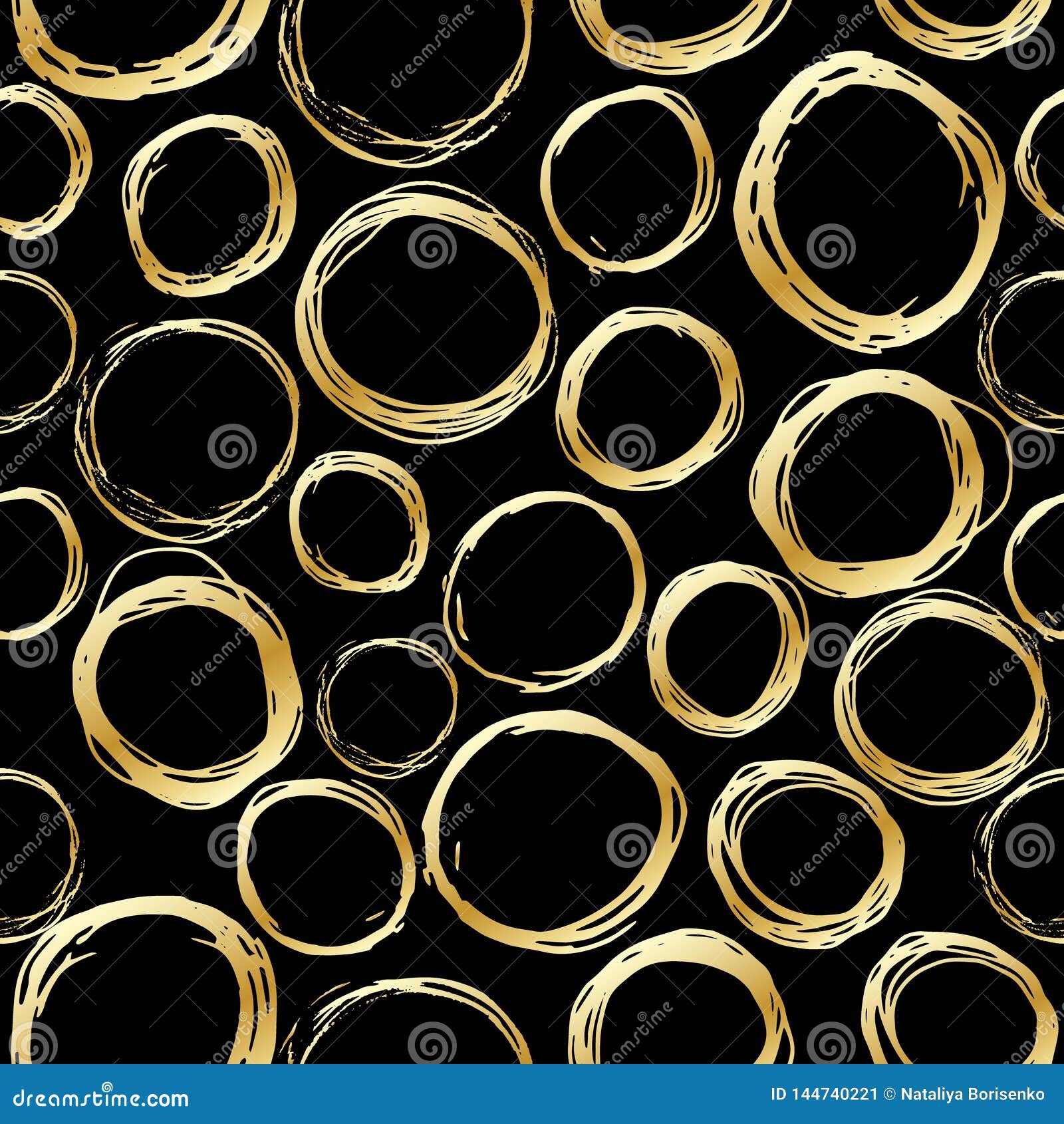 Seamless Pattern of Gold Hand Drawn Circles, Elements on Black ...