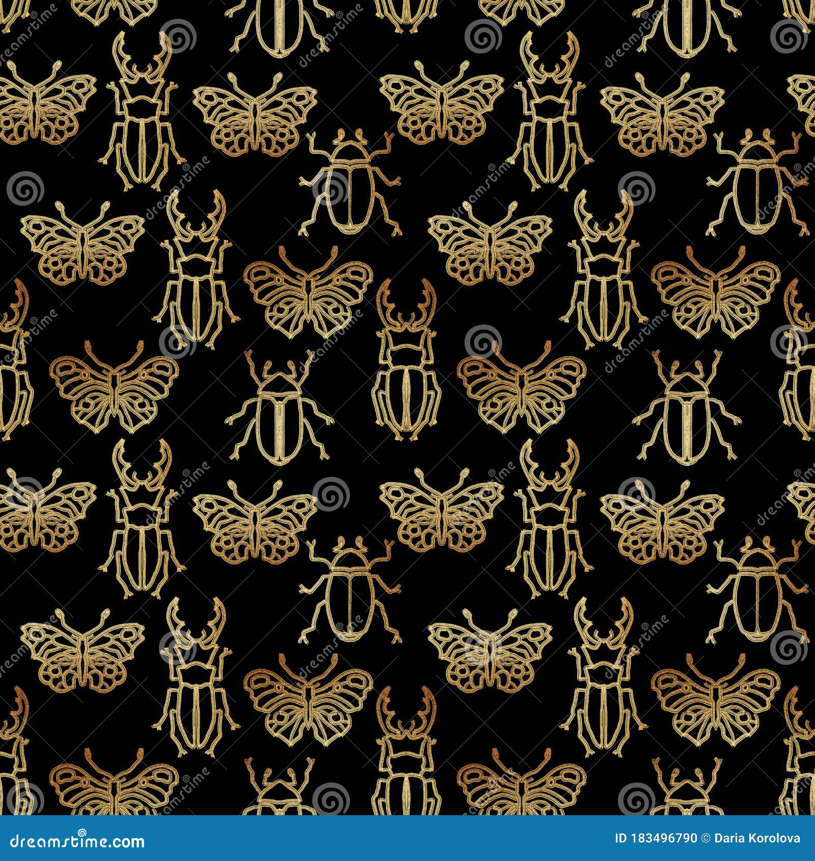 Seamless Pattern with Gold Insects, Art Deco Style Illustration Stock ...