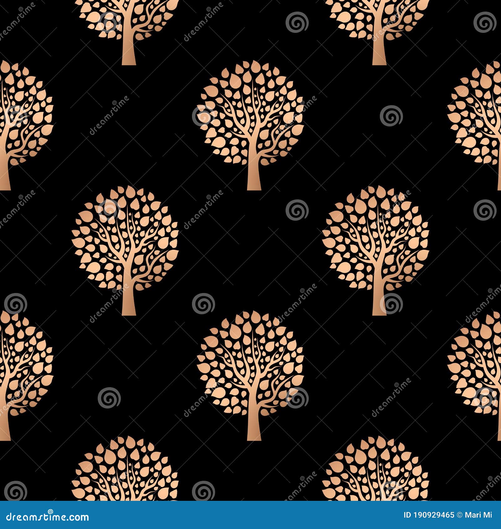 Seamless Pattern of Gold Tree. Vector Illustration Isolated on Black ...