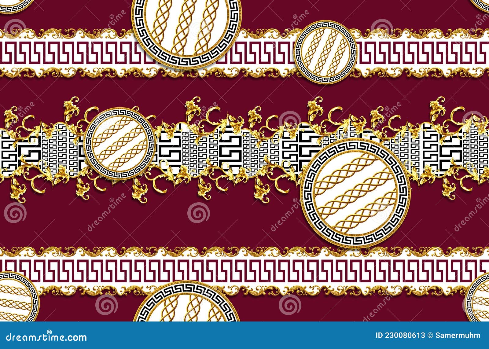 Seamless Pattern of Golden Baroque with Versace on Burgundy Background ...