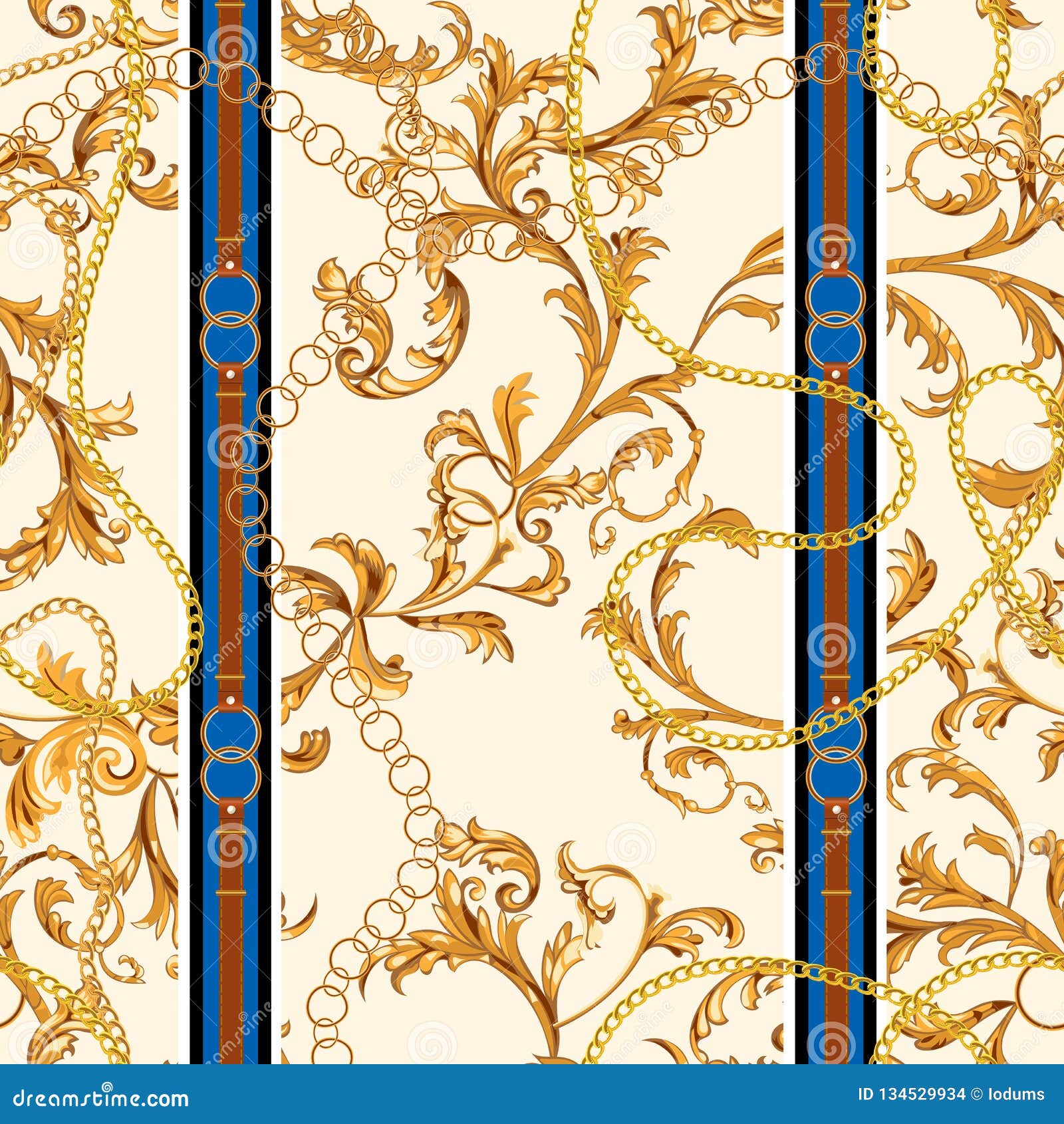 Seamless Pattern with Golden Chains and Baroque Leaves. Vector Patch ...