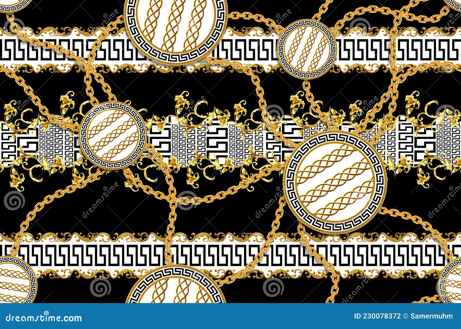 Seamless Pattern of Golden Chains and Baroque with Versace on Black ...