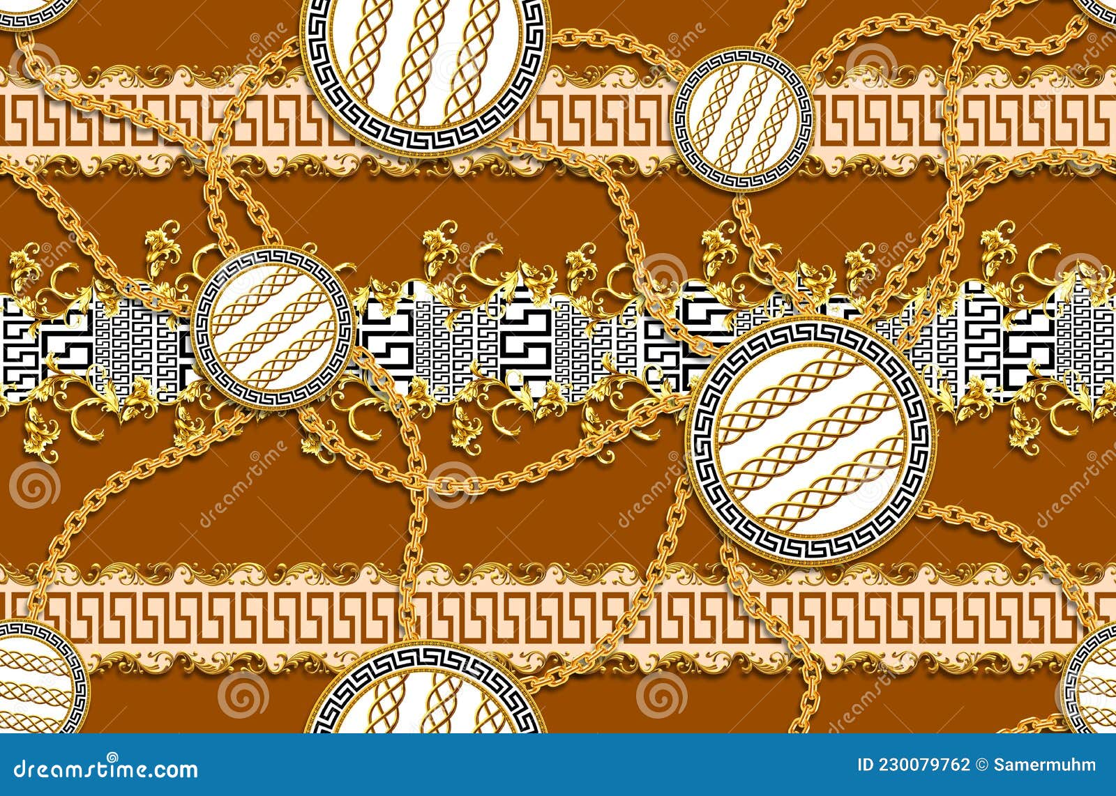 Seamless Pattern of Golden Chains and Baroque with Versace on Brown ...