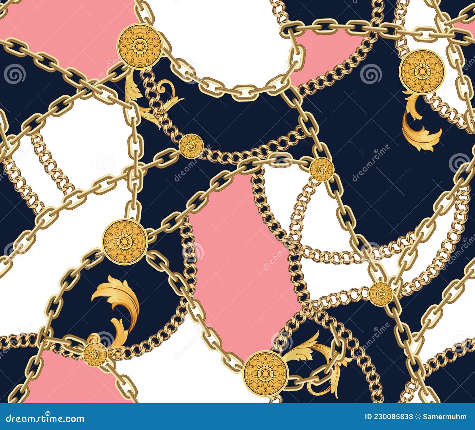 Seamless Pattern with Golden Chains on Dark Blue, Pink and White ...