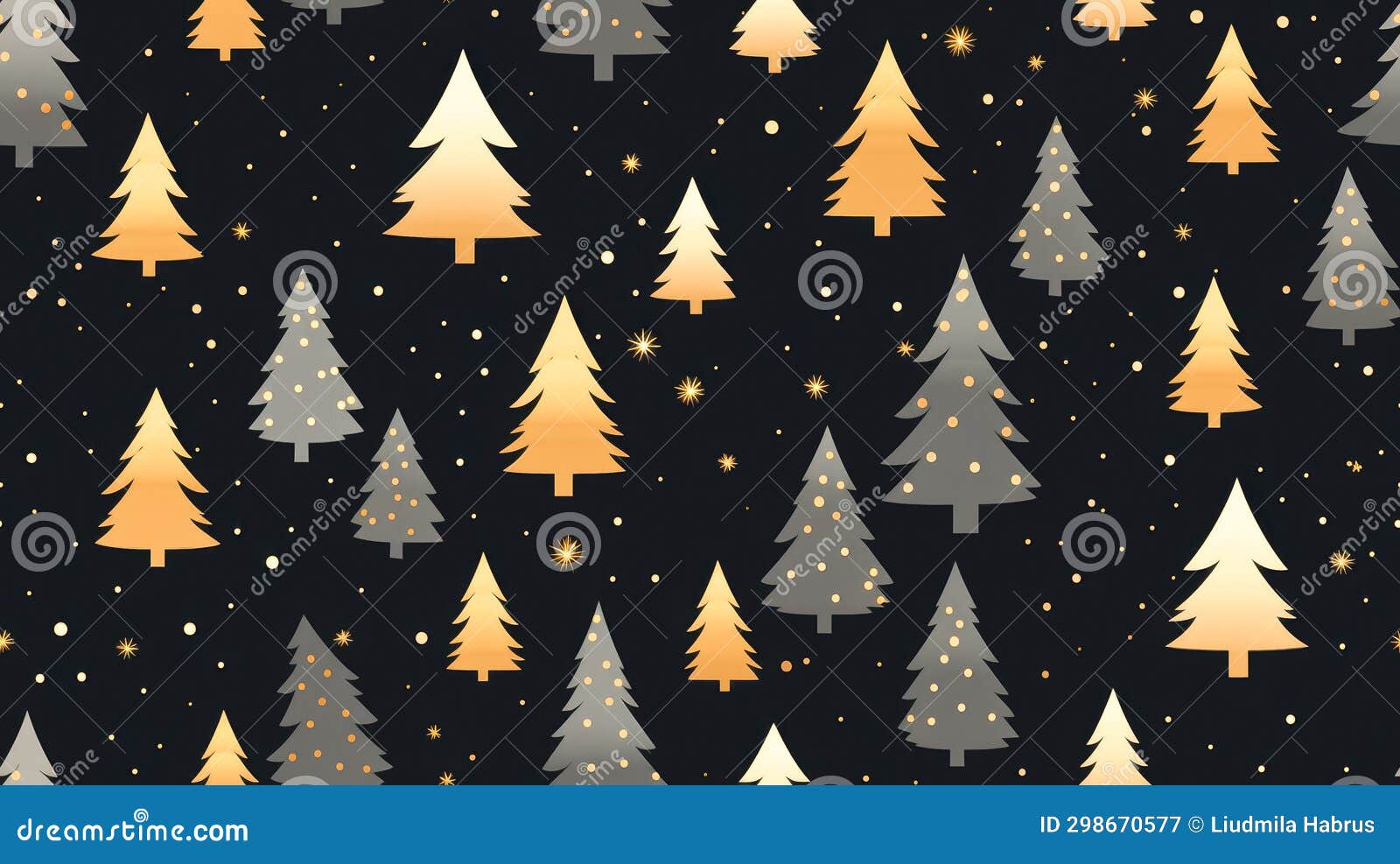 Seamless Pattern with Golden Christmas Trees on Dark Background Stock ...