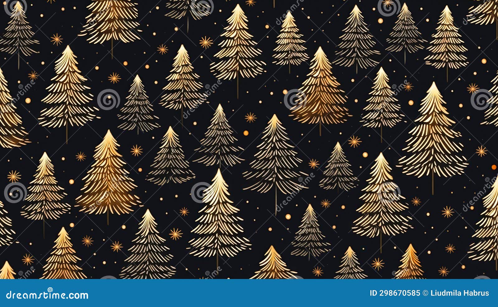 Seamless Pattern with Golden Christmas Trees on Dark Background Stock ...