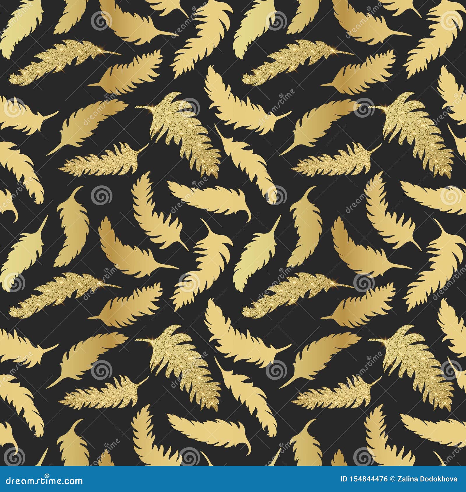 Seamless Pattern with Golden Feathers with Shiny Texture, Glitter ...