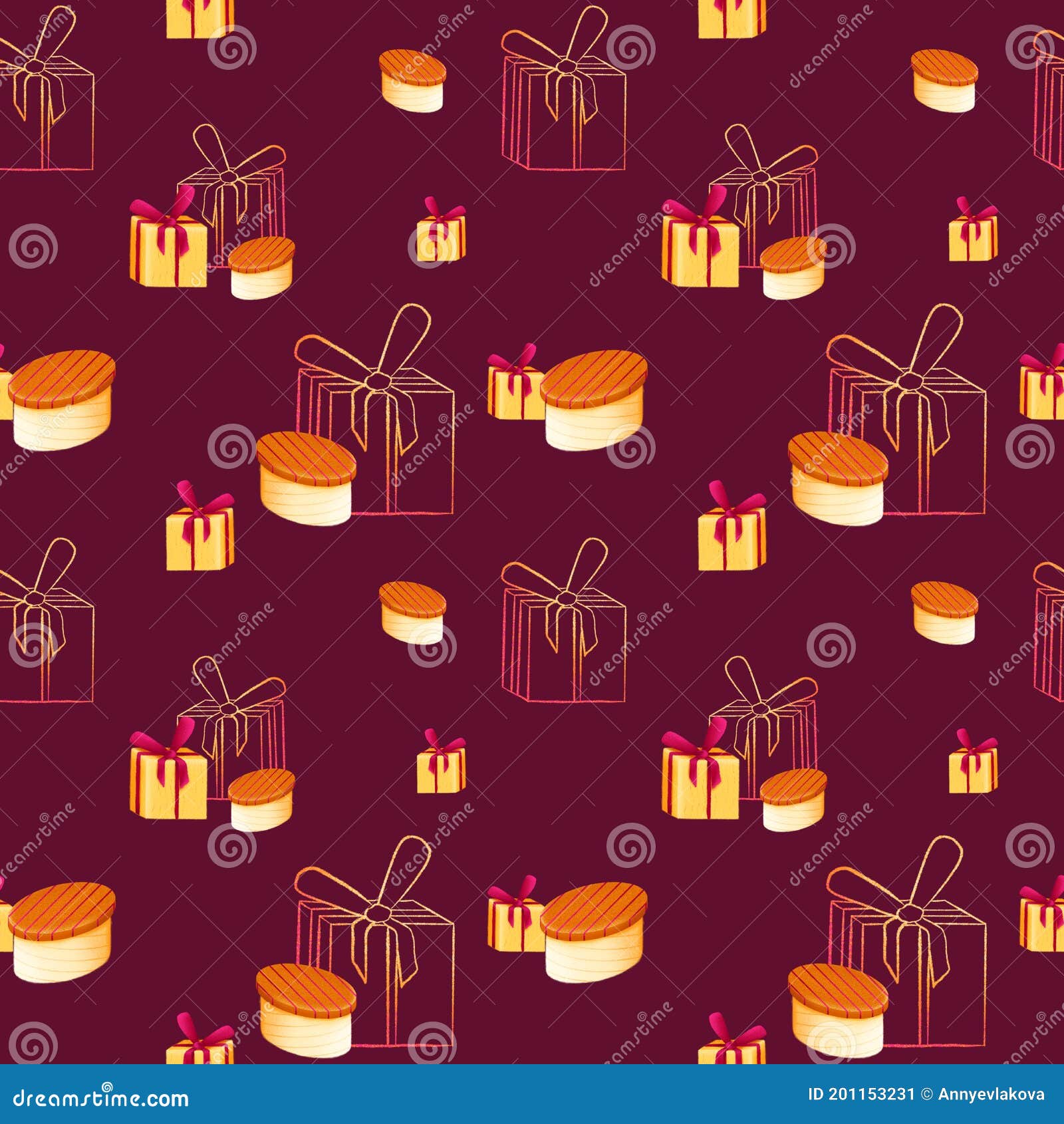 Seamless Pattern with Golden Christmas Gift Boxes, Raster Illustration ...