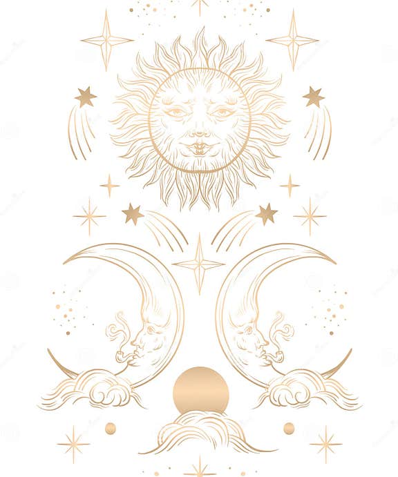 Seamless Pattern with Golden Graphic Sun and Moon. Vector. Stock Vector ...