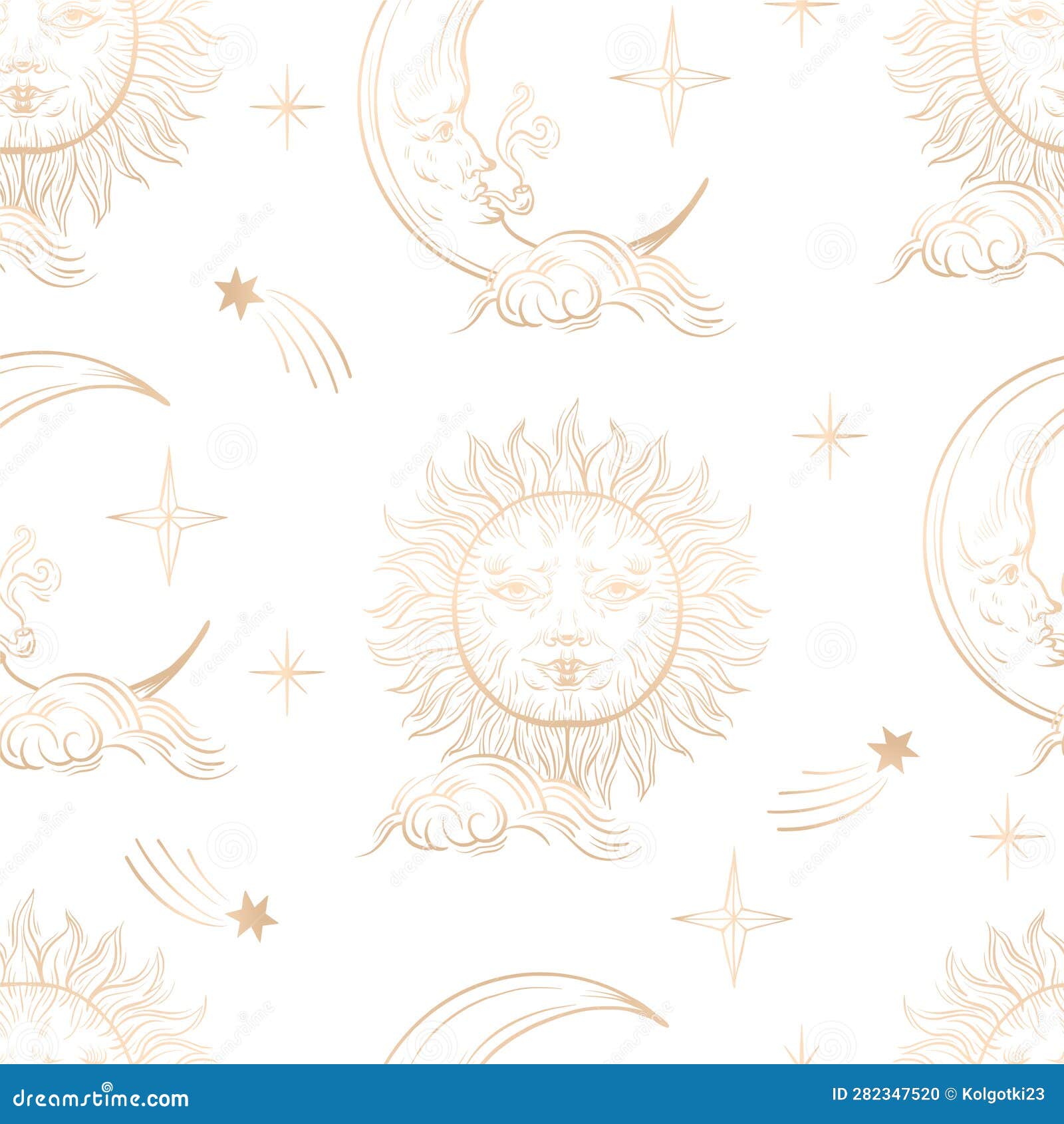 Seamless Pattern with Golden Graphic Sun and Moon. Vector. Stock ...