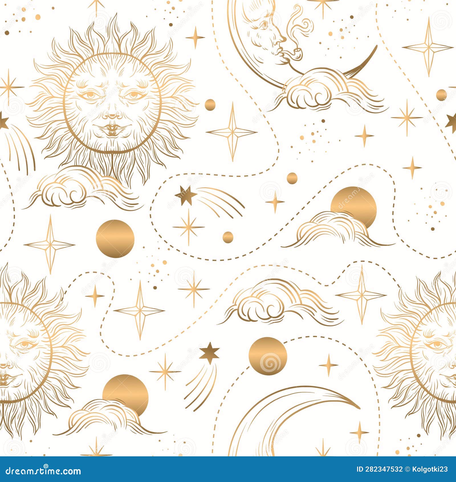Seamless Pattern with Golden Graphic Sun and Moon. Vector. Stock Vector ...
