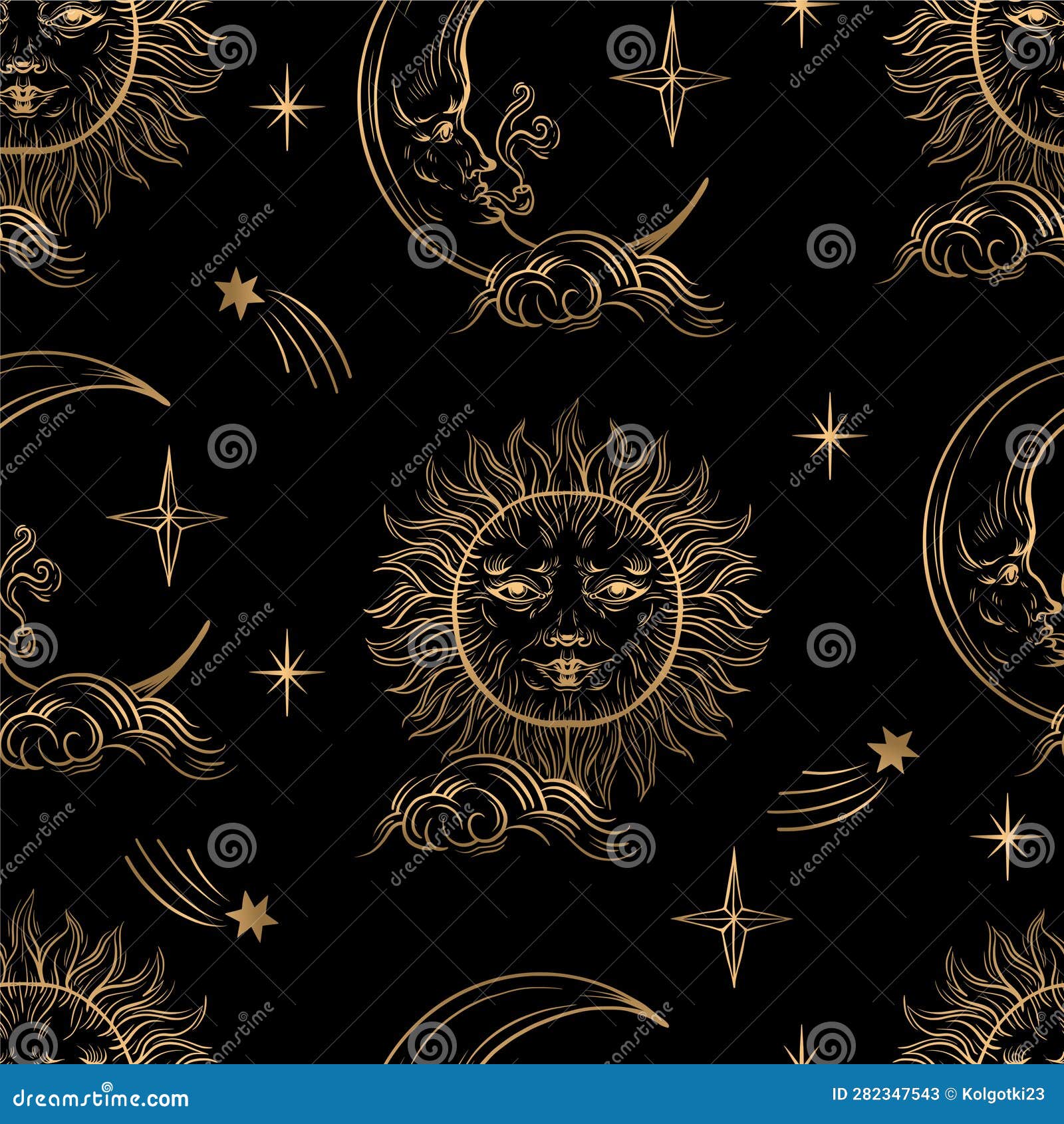 Seamless Pattern with Golden Graphic Sun and Moon. Vector. Stock Vector ...