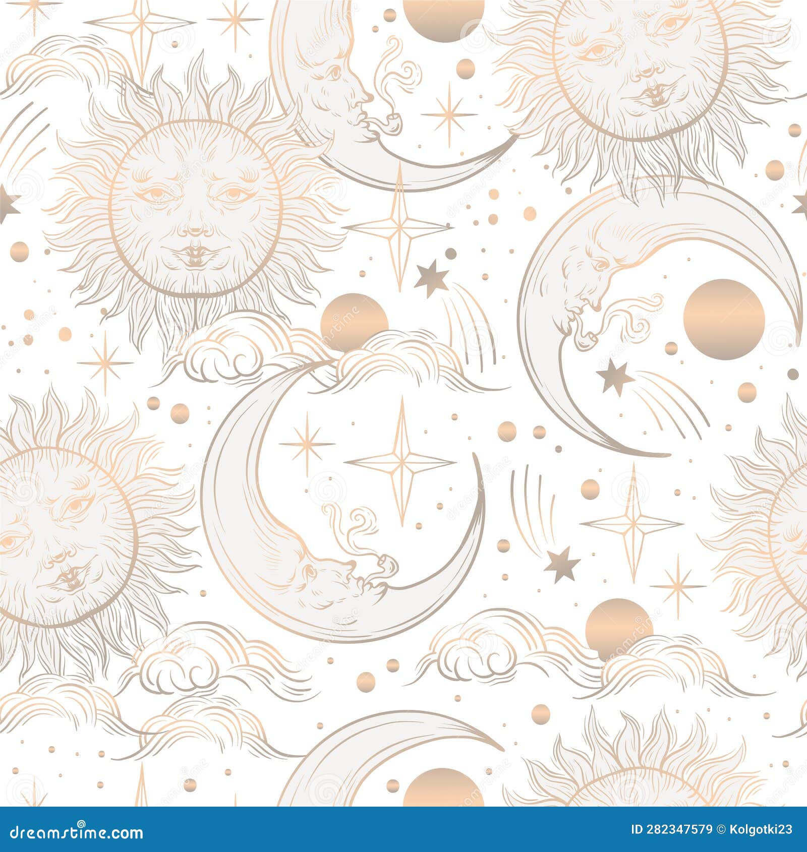 Seamless Pattern with Golden Graphic Sun and Moon. Vector. Stock Vector ...