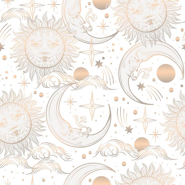 Seamless Pattern with Golden Graphic Sun and Moon. Vector. Stock Vector ...