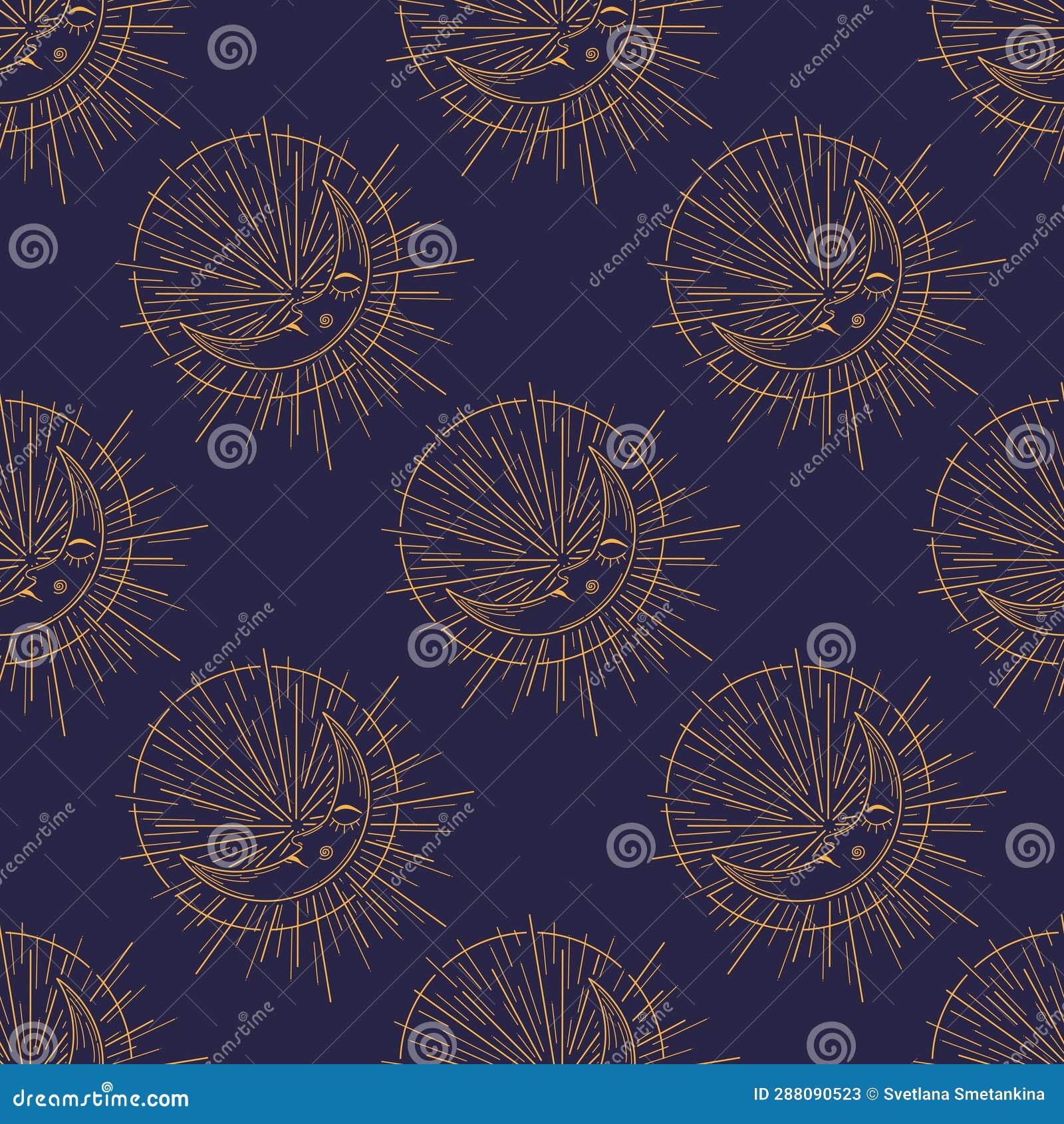 Seamless Pattern of Golden Moons with Rays and Anthropomorphic Faces ...