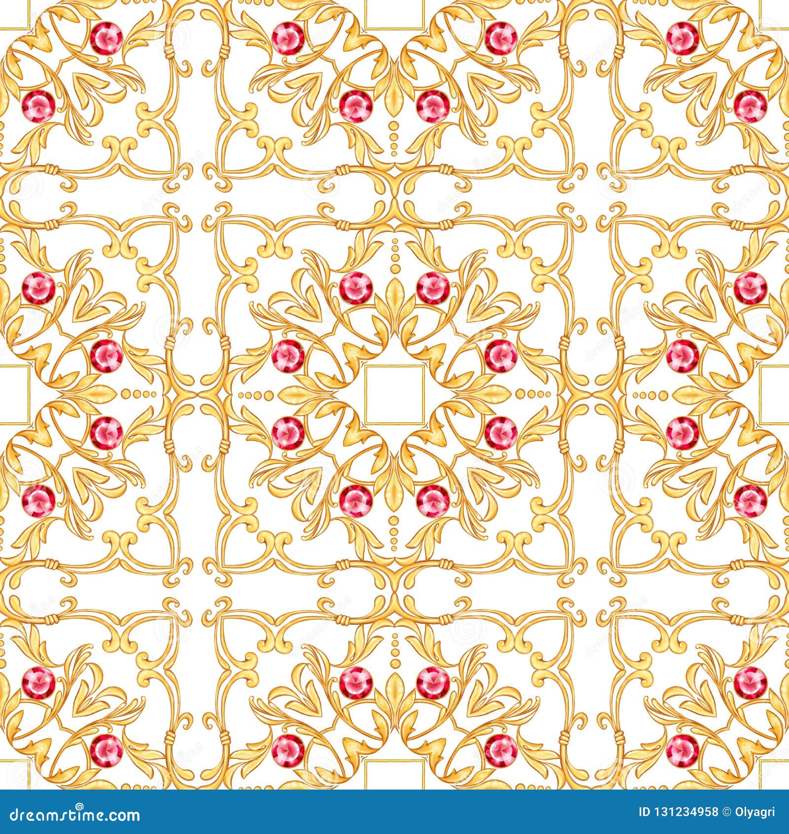 Seamless Pattern with Golden Scrolls and Gems Stock Illustration ...