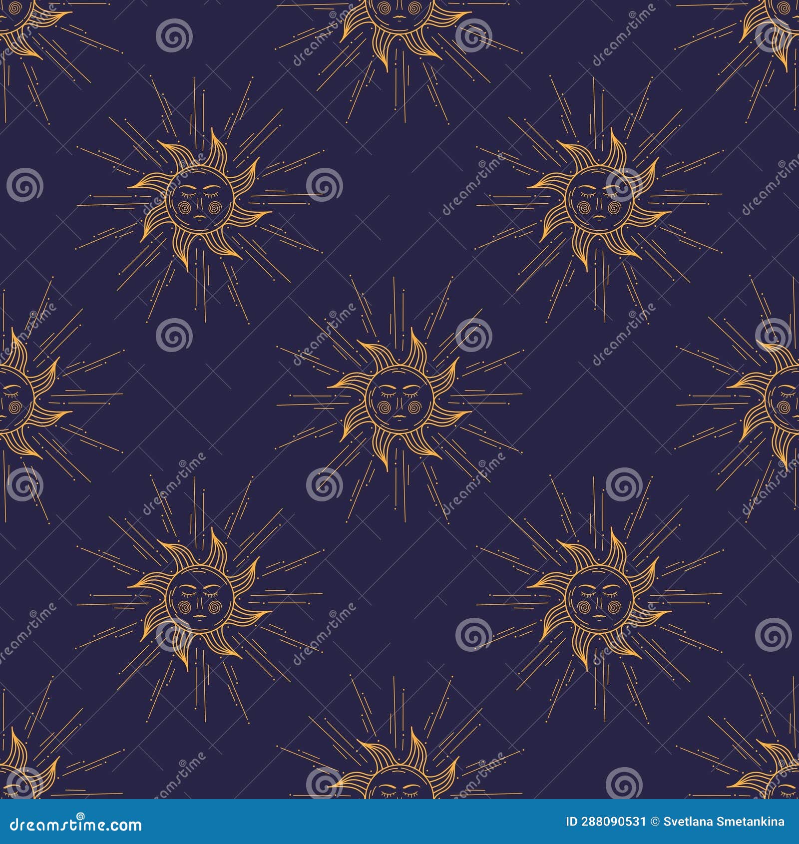 Seamless Pattern of Golden Suns with Rays and Anthropomorphic Faces ...