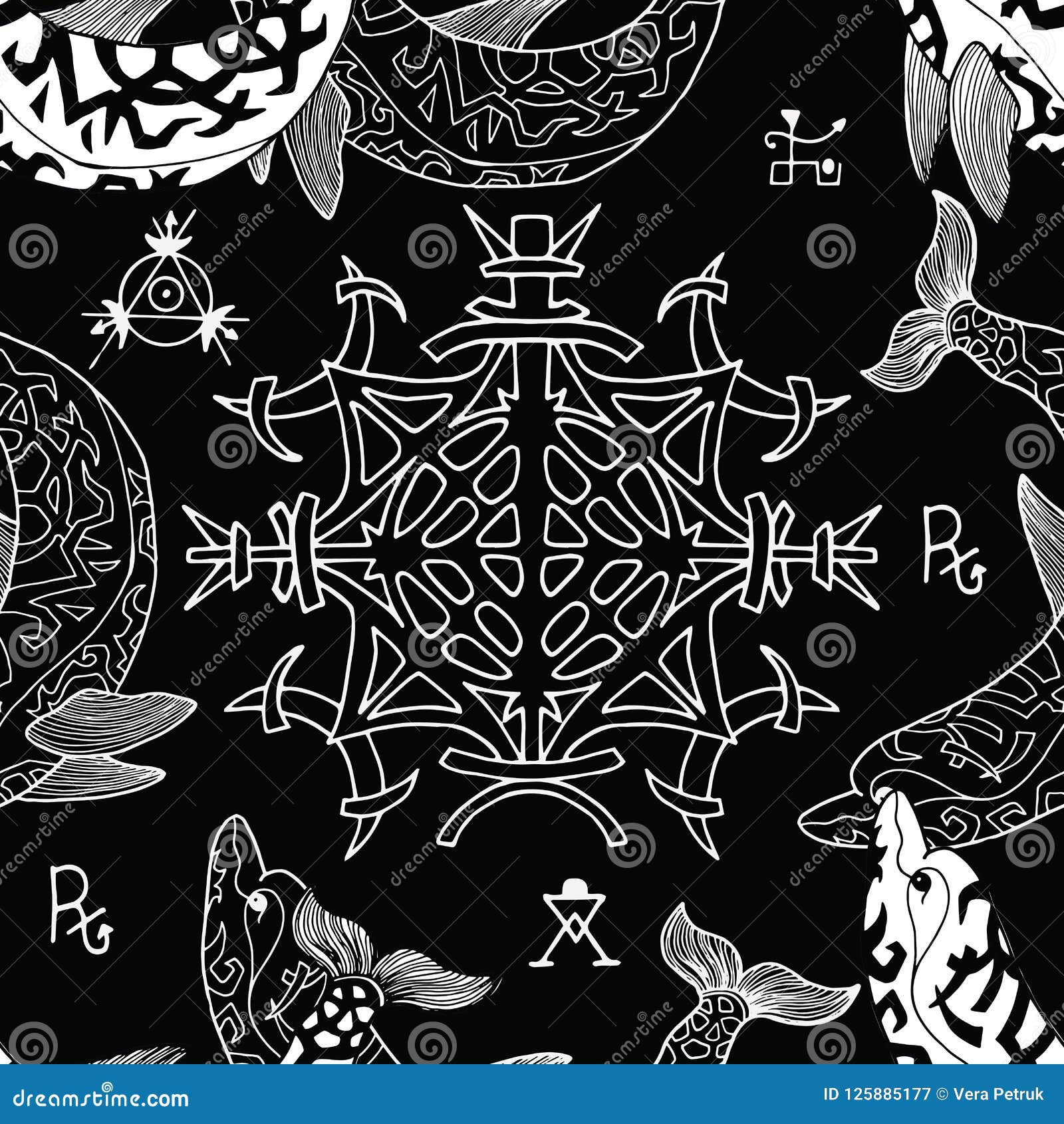 Seamless Pattern with Gothic Symbols and Dolphins on Black Stock Vector ...