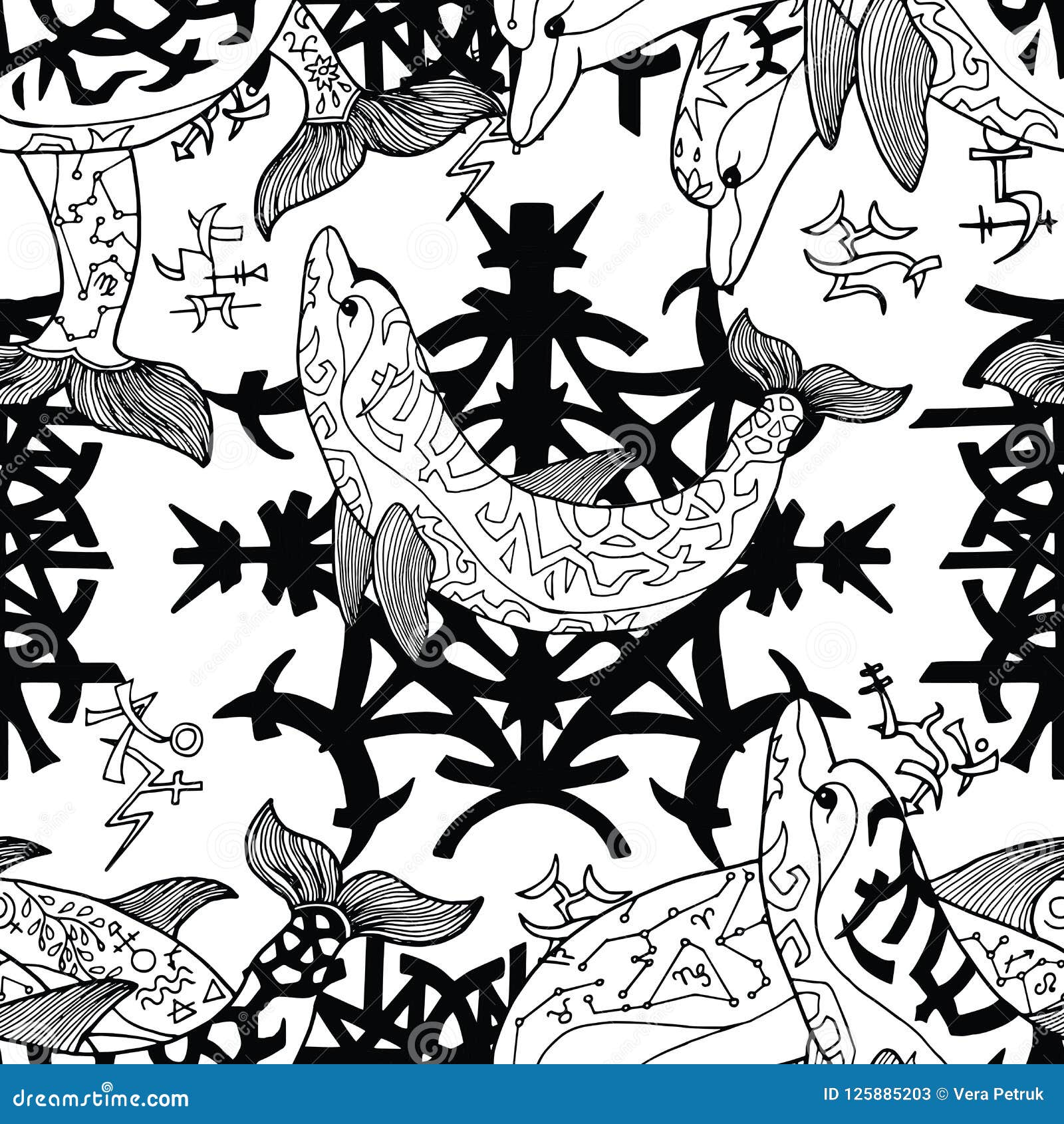 Seamless Pattern with Gothic Symbols and Dolphins on White Stock Vector ...