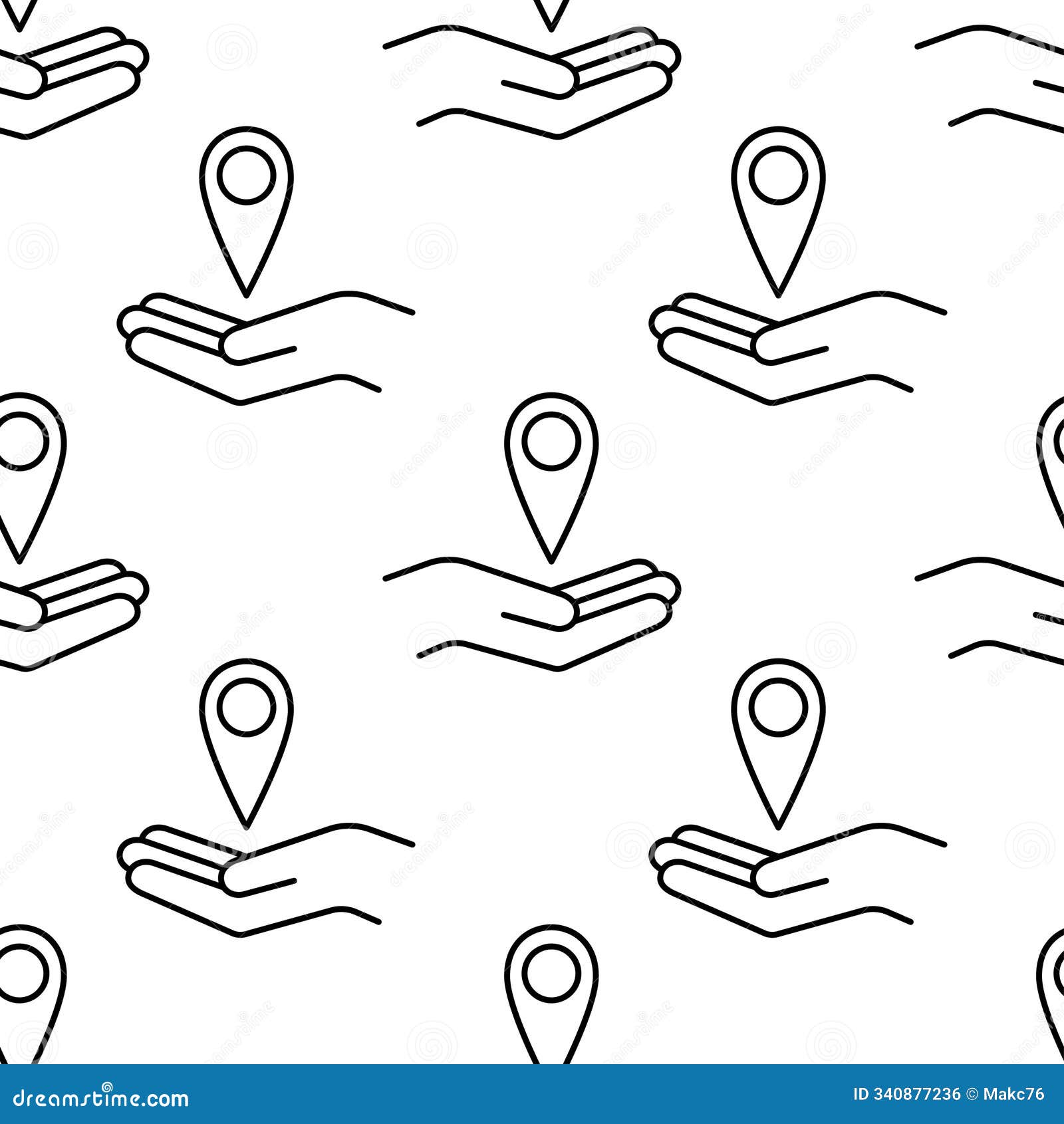 Seamless Pattern with GPS Point in the Palm Icon. Pin Point on a Hand ...