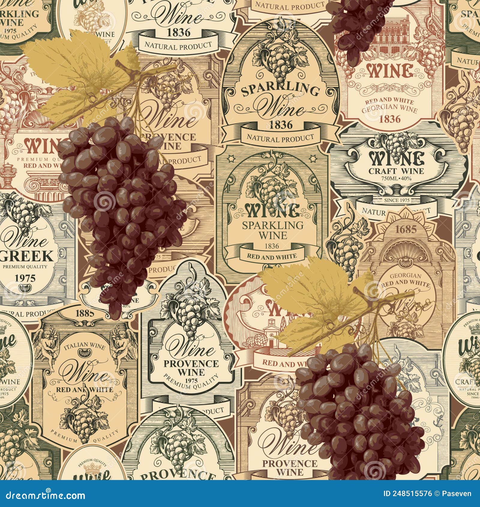 Seamless Pattern of Grape Bunches and Wine Labels Stock Vector ...