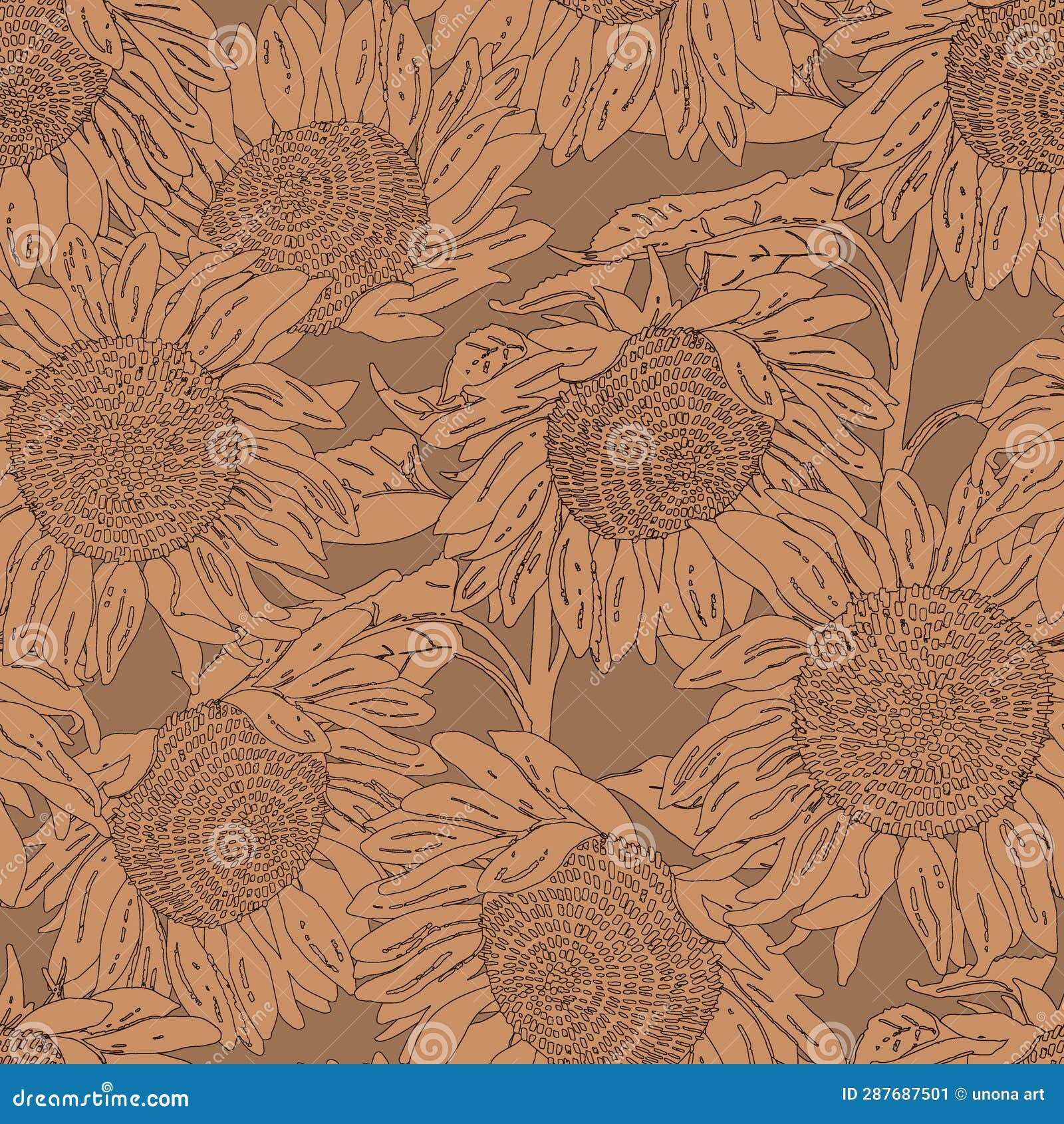 Seamless Pattern with Graphic Hand-drawn Sunflowers. Stock Vector ...