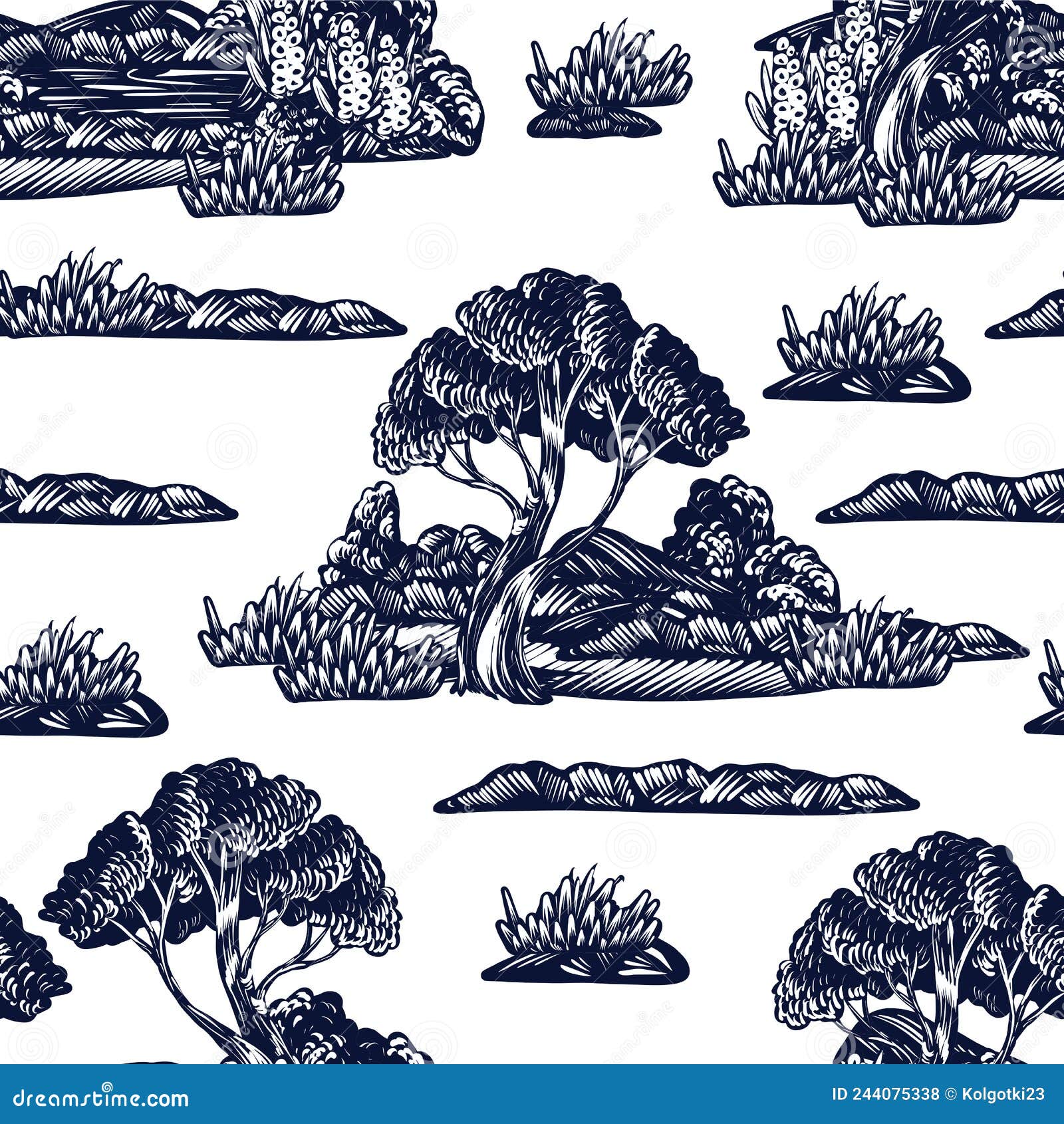 Seamless Pattern with Graphic Trees, Bushes and Plants. .Etching Style ...