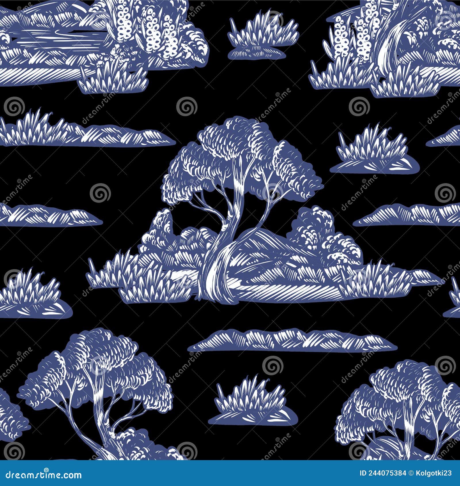 Seamless Pattern with Graphic Trees, Bushes and Plants. .Etching Style ...
