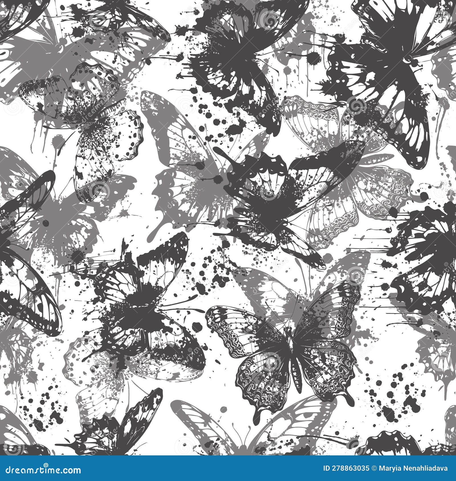 Seamless Pattern Gray Butterflies Print. Vector Illustration. Stock ...