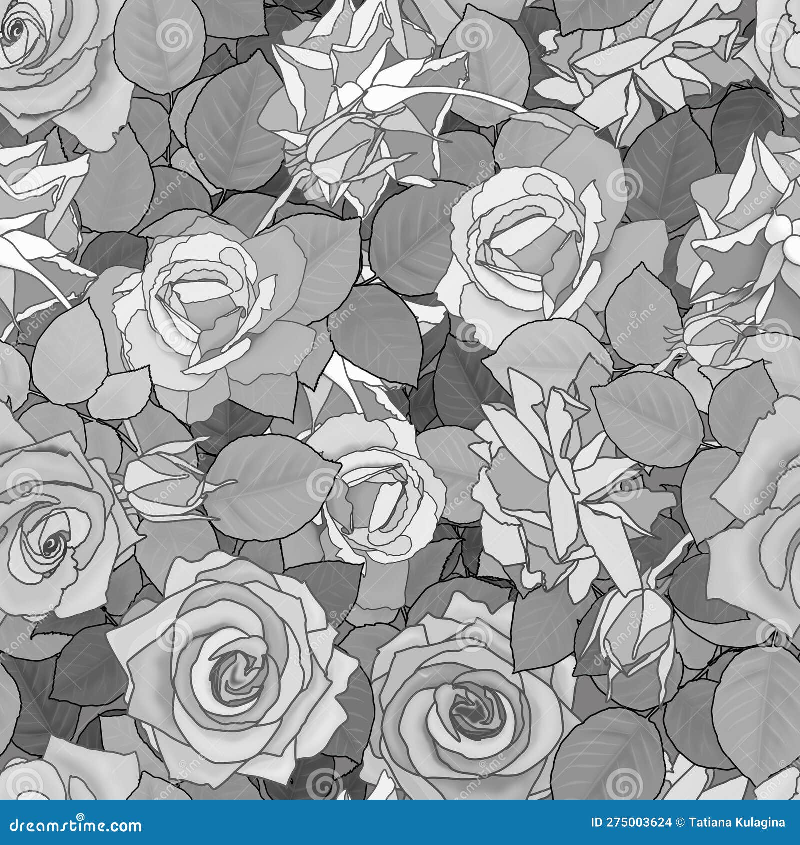 Seamless Pattern with Gray Roses in Black and White. Stock Illustration ...