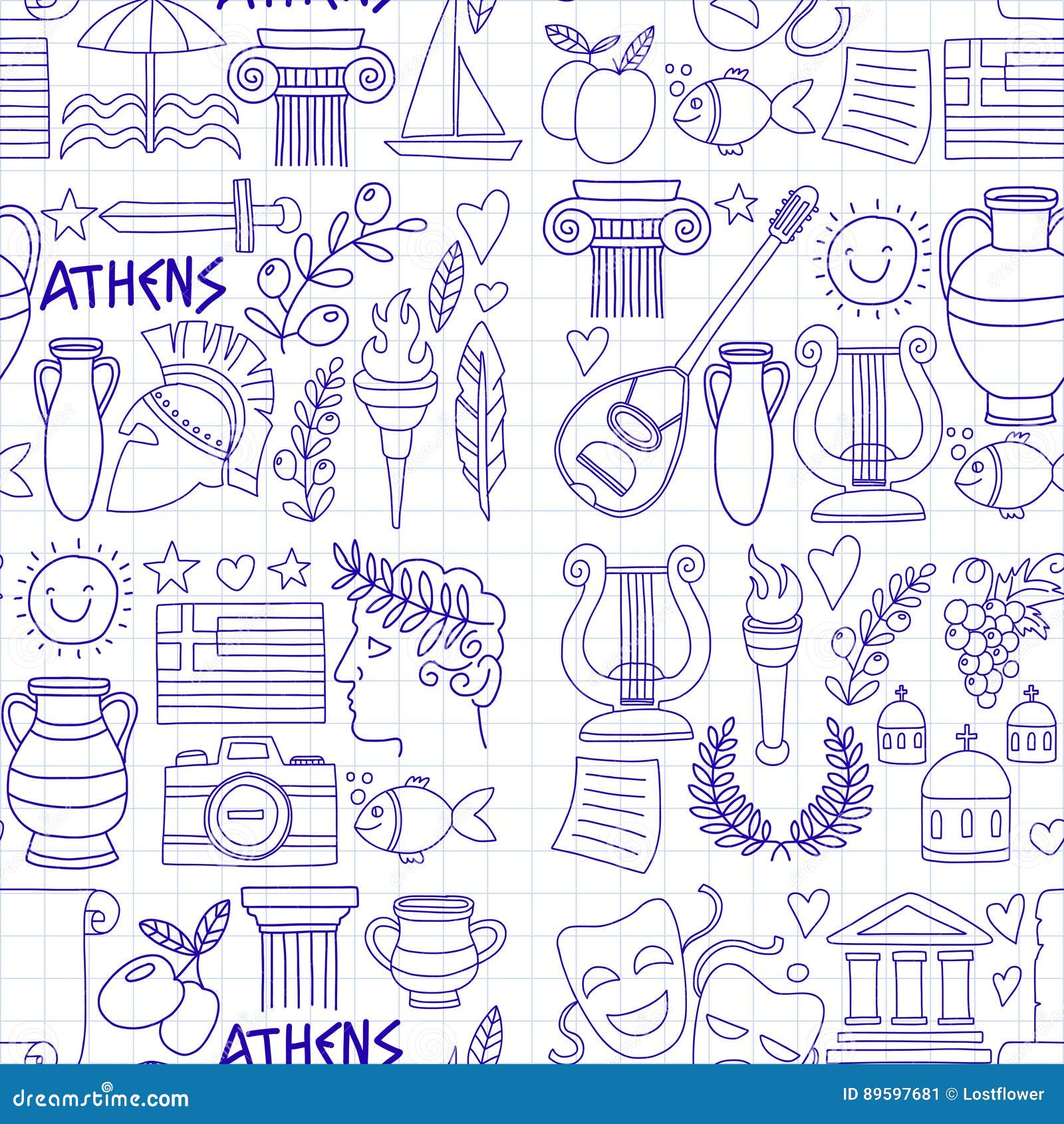 Seamless Pattern Greece Travel Doodle Icons, Elements Sea, Sculpture ...
